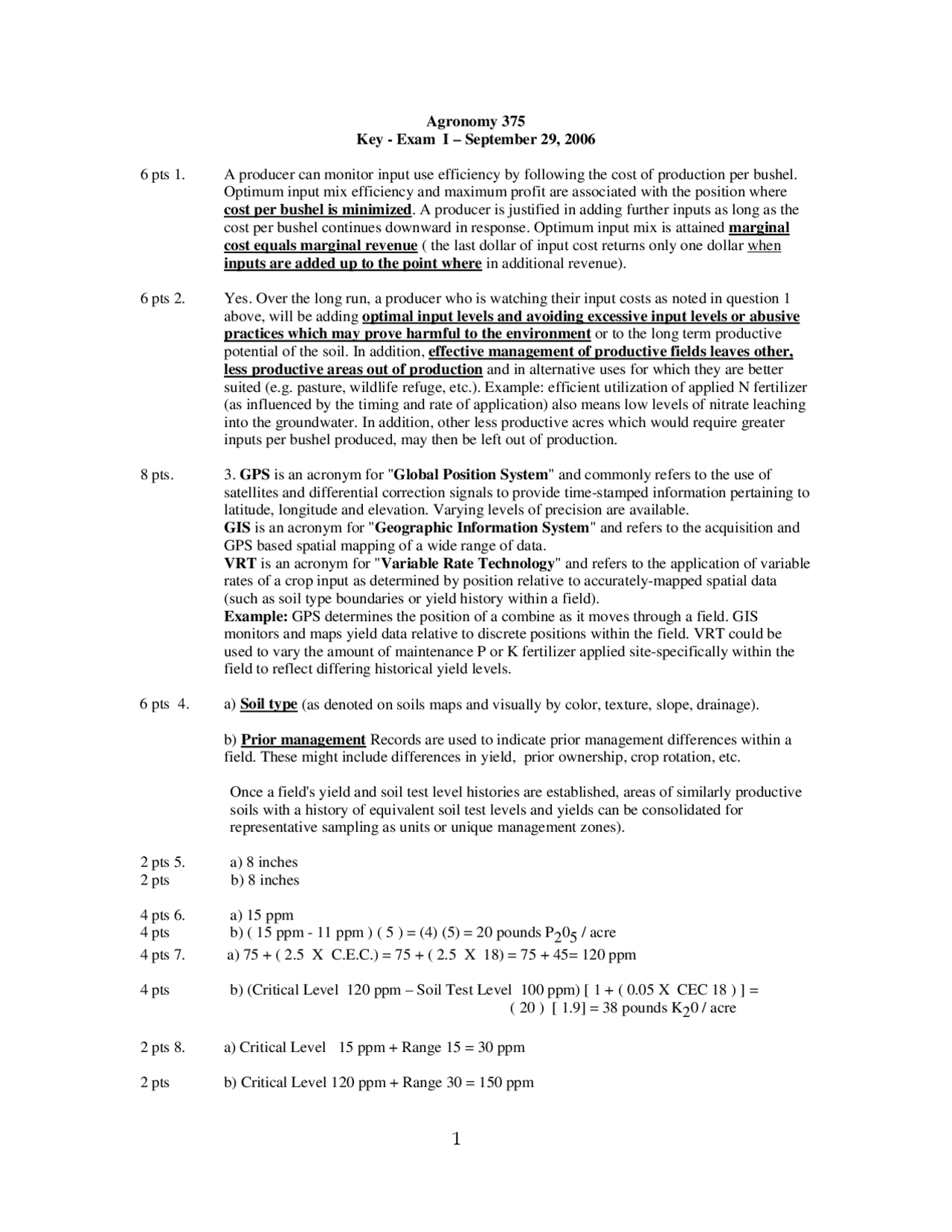 Exam 1 Solutions For Crop Production Systems Agry 37500 Docsity