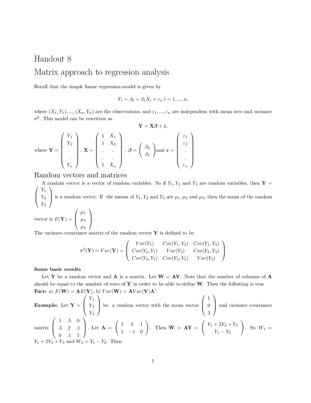 Notes On Matrix Approach To Regression Analysis Sta 108 Docsity