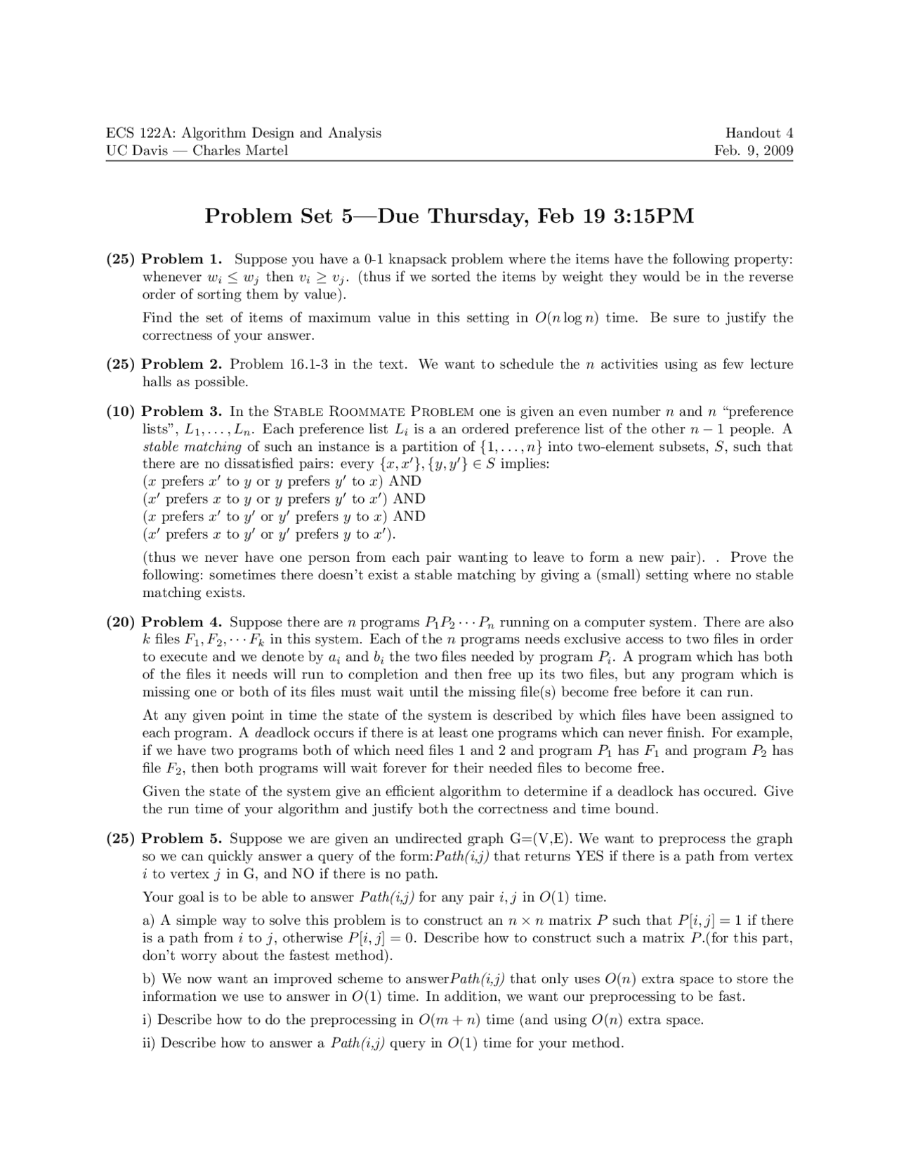 Algorithm Design Problem Set 5 2009 Ecs 122a Docsity