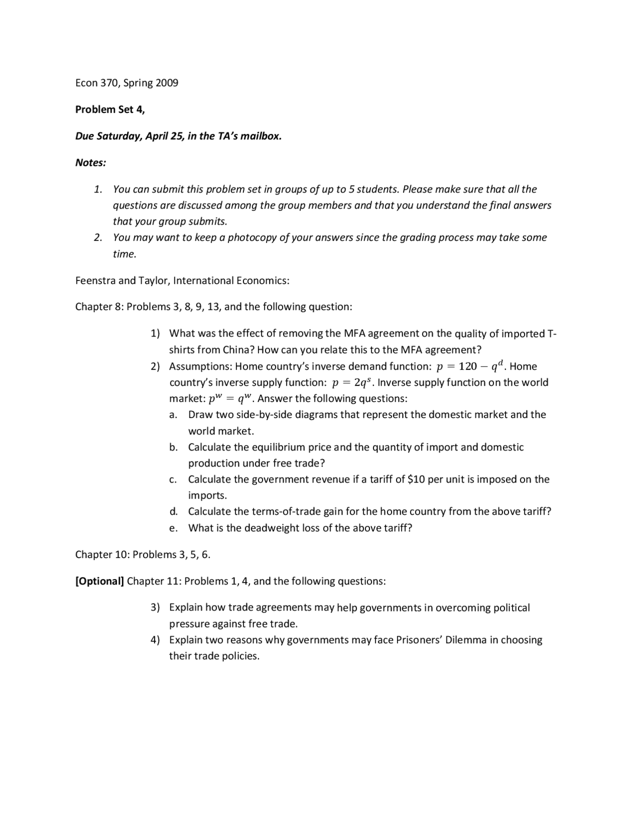 Practice Problem Set 4 International Trade Econ 37000 Docsity