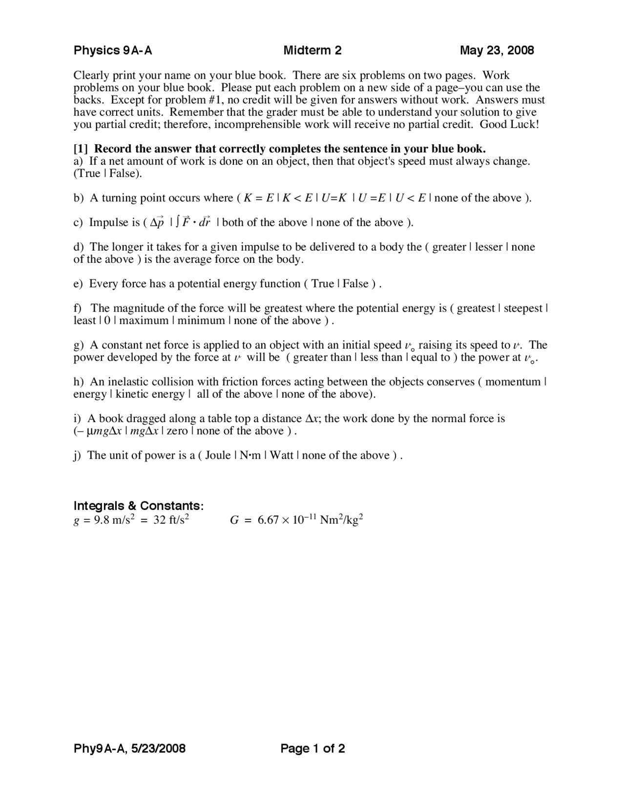 Questions On Classical Physics Midterm Exam Ii Phy 009a Docsity