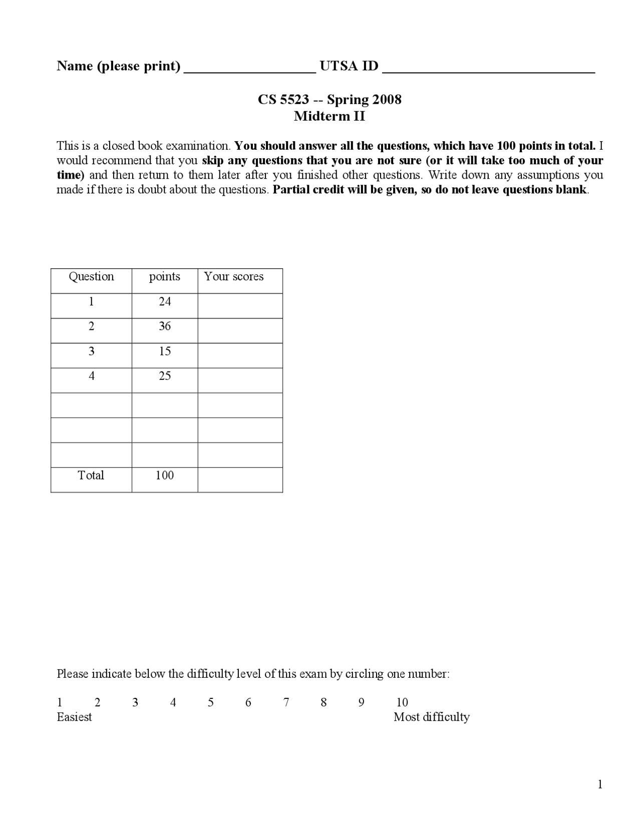 Midterm Exam With Questions Operating Systems Spring 2008 Cs 5523 Docsity