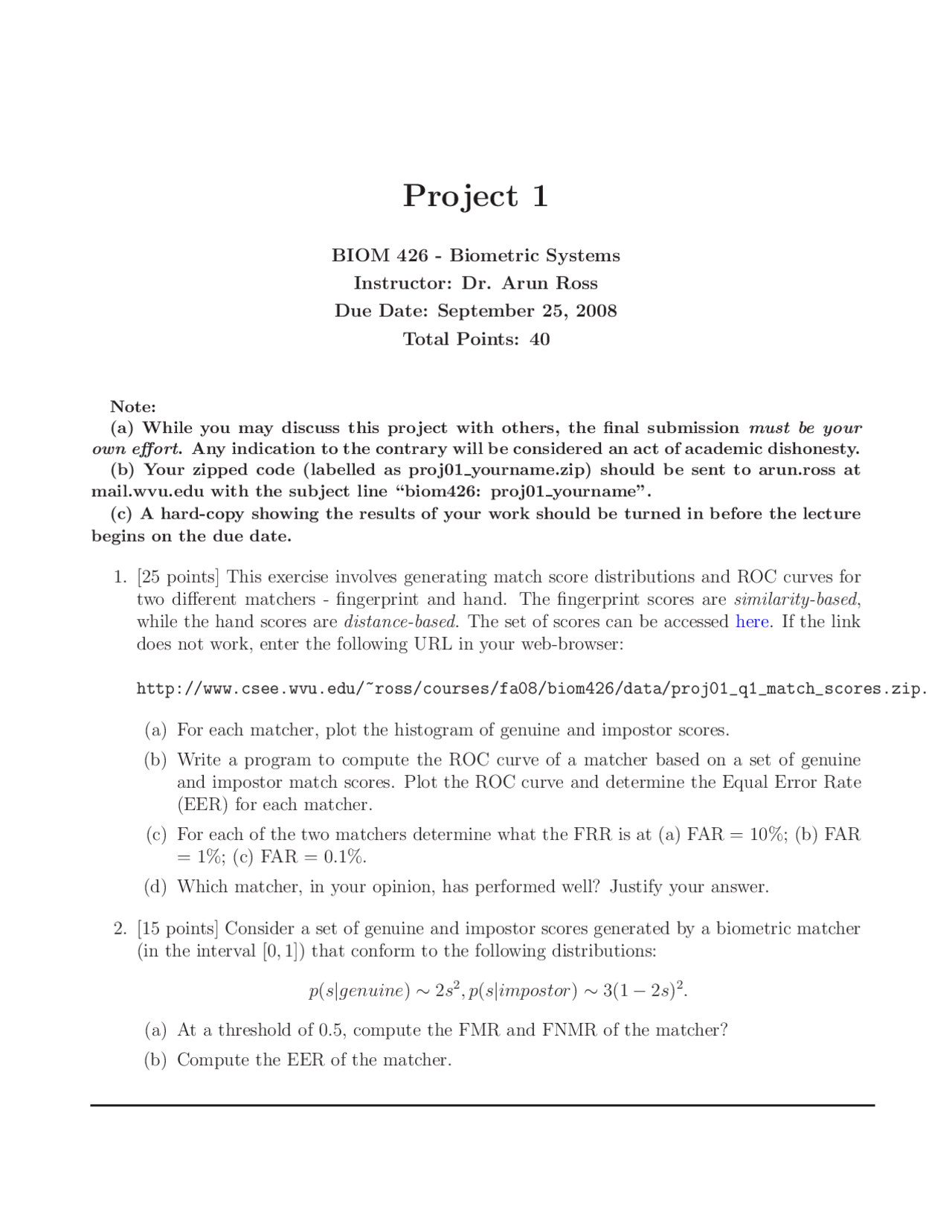 Project 1 For Biometric Systems Biom 426 Docsity