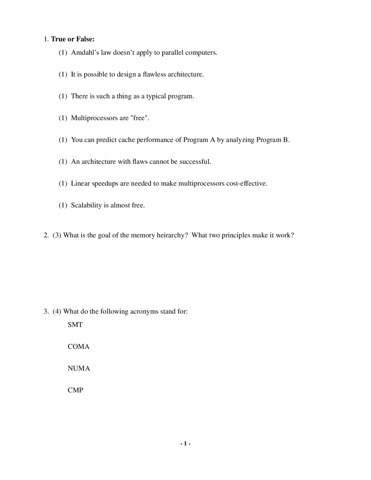 Unsolved Questions For Computer Architecture Exam 2 Ecs 201a Docsity