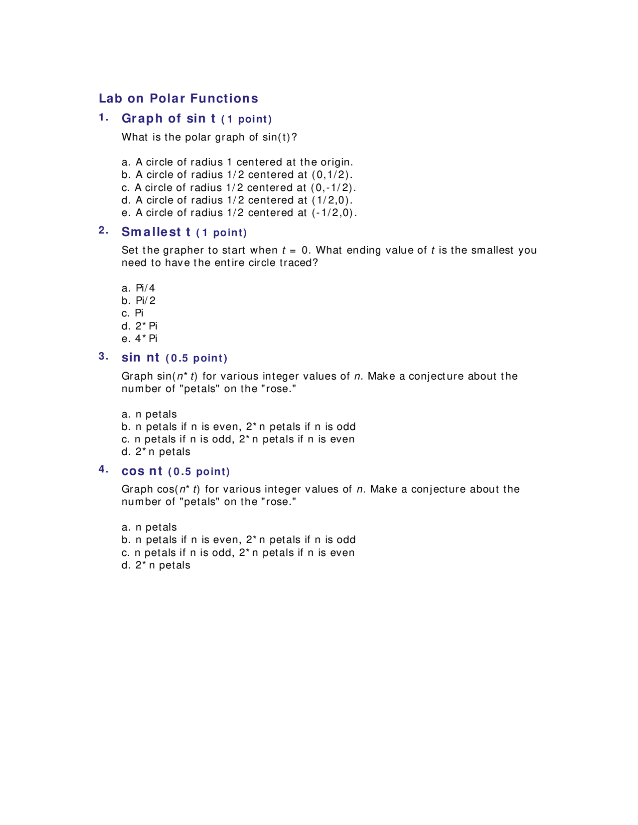 Lab On Polar Functions Plane Trigonometry Math 128 Docsity