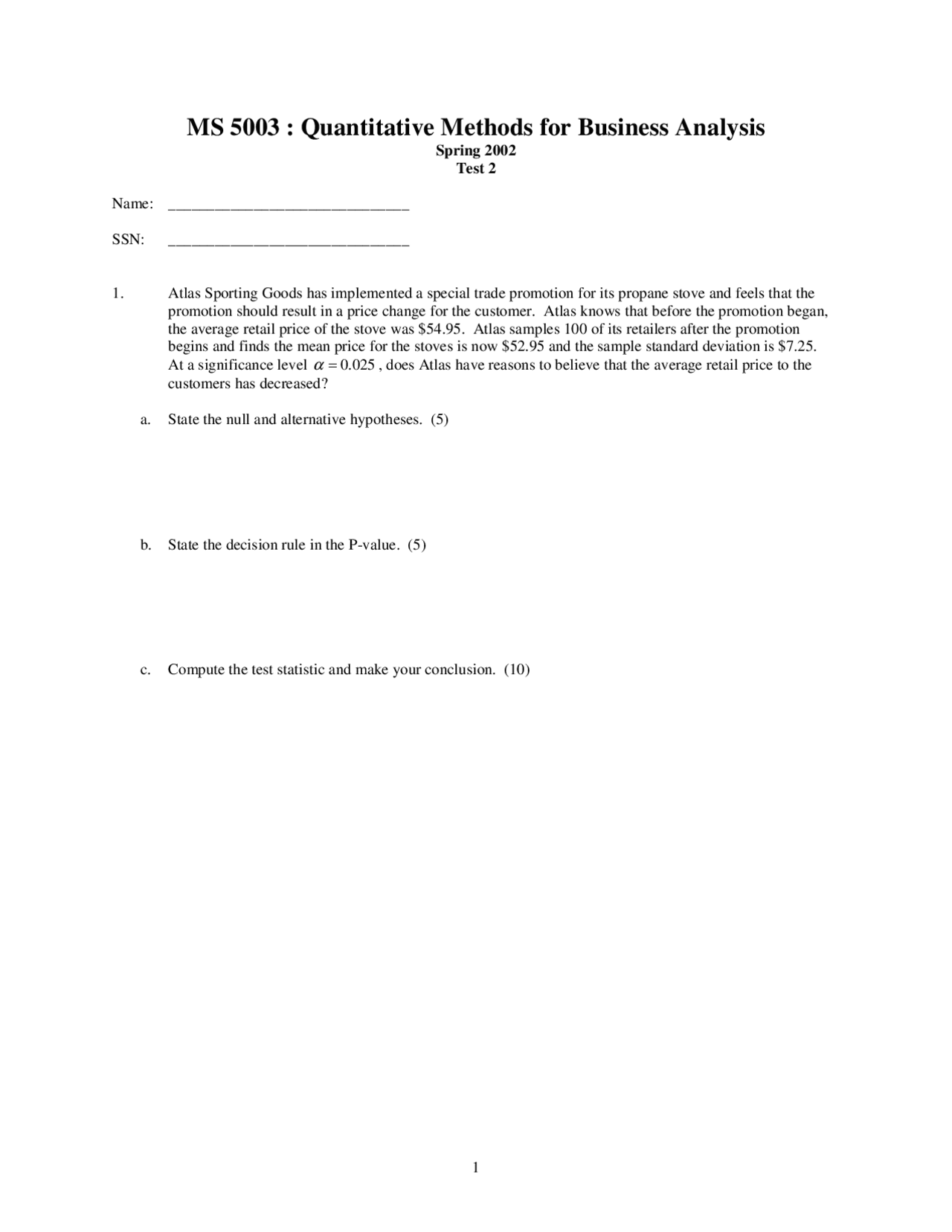 6 Questions Exam 2 Quantitative Methods Analysis Ms 5003 Docsity