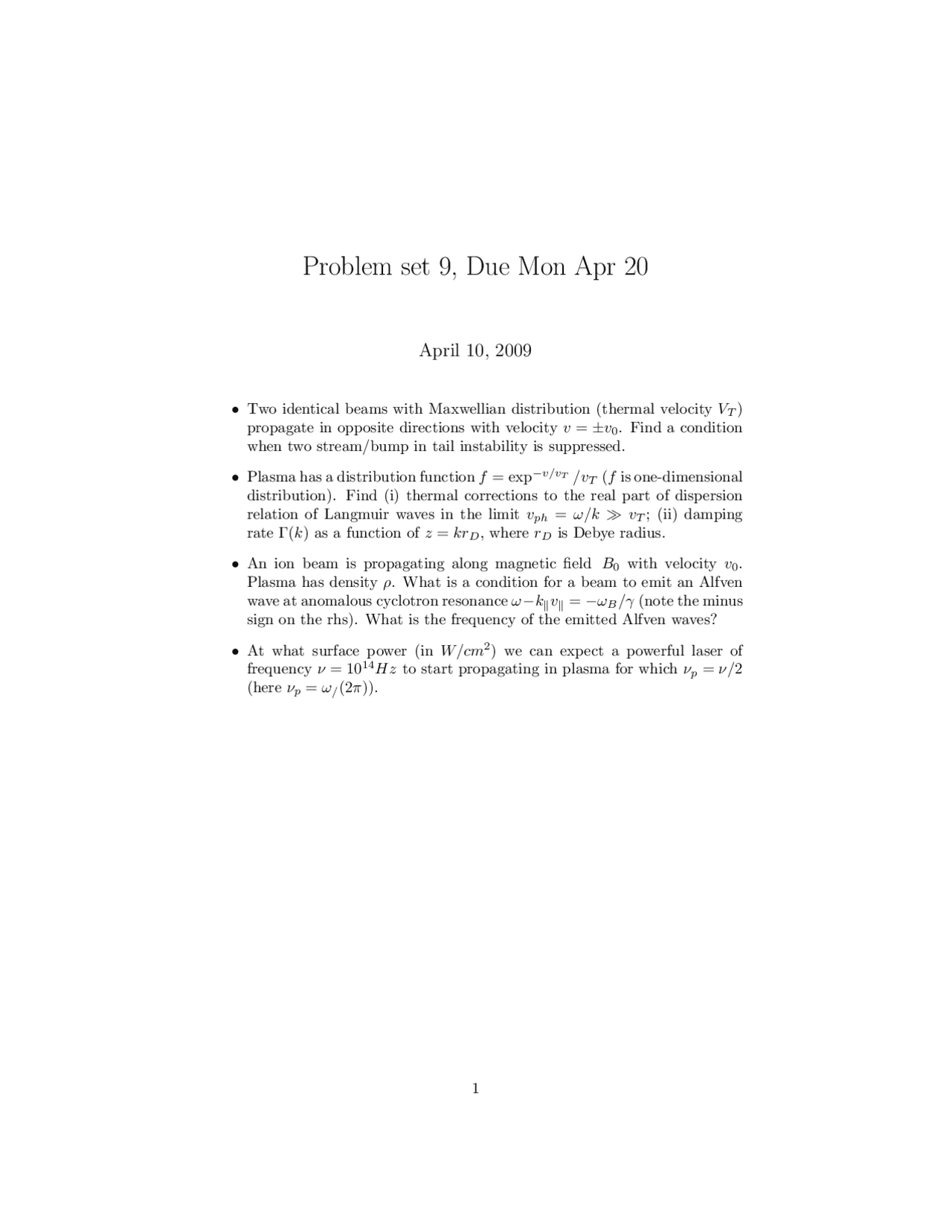 4 Problems On Introduction To Plasma Physics Assignment 9 Phys