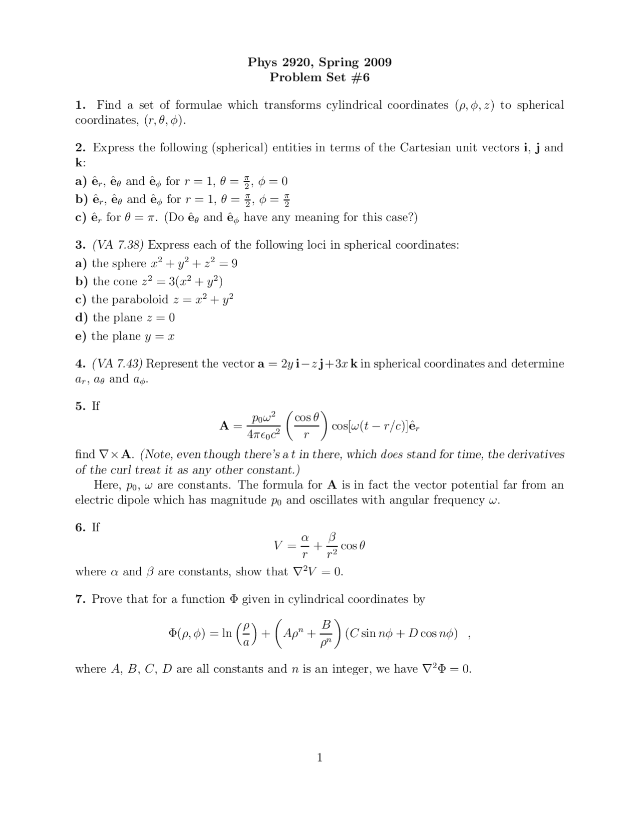 Mathematical Physics Problem Set 6 Fall 2009 Phys 2920 Docsity