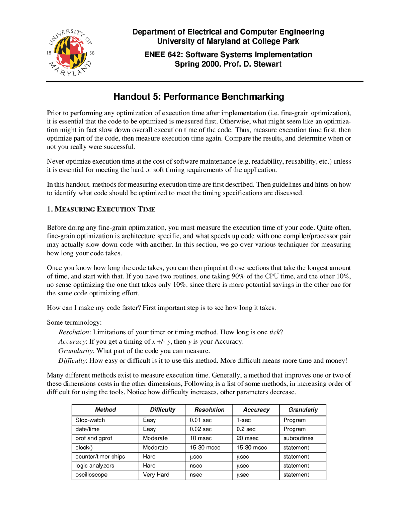 Performance Benchmarking Software Systems Implementation Handout Enee 642 Docsity