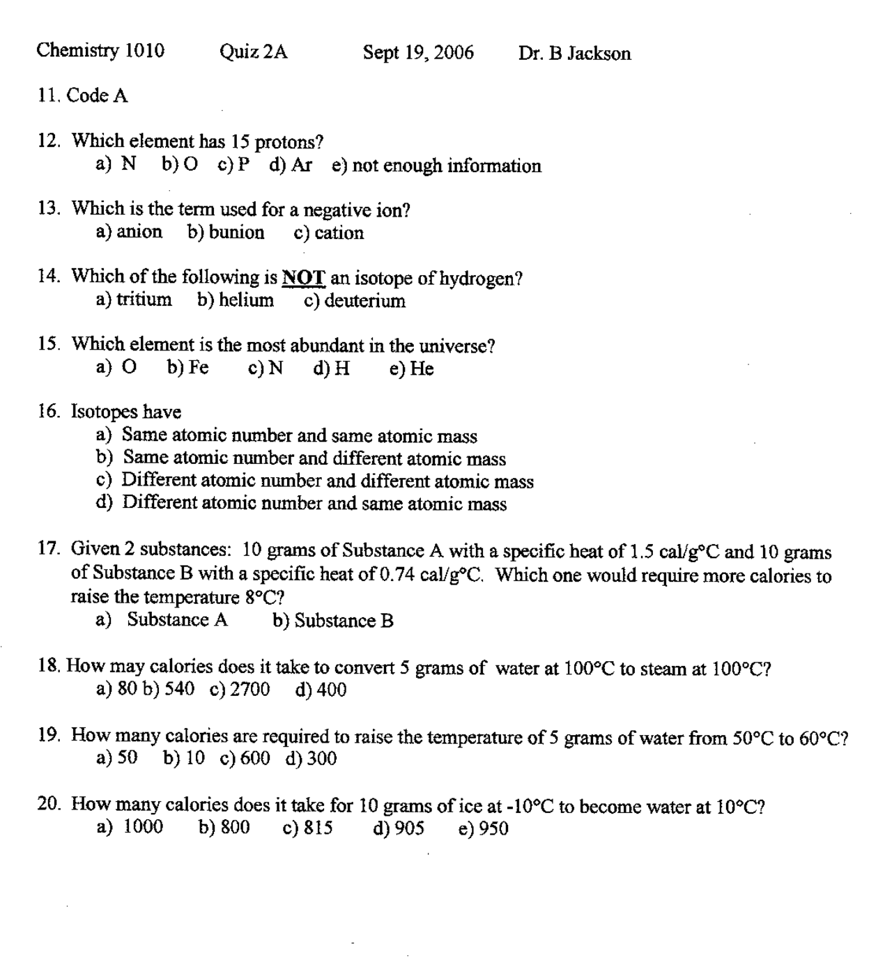 10 Questions on General Chemistry I - Quiz 2A | CHEM 1010 - Docsity