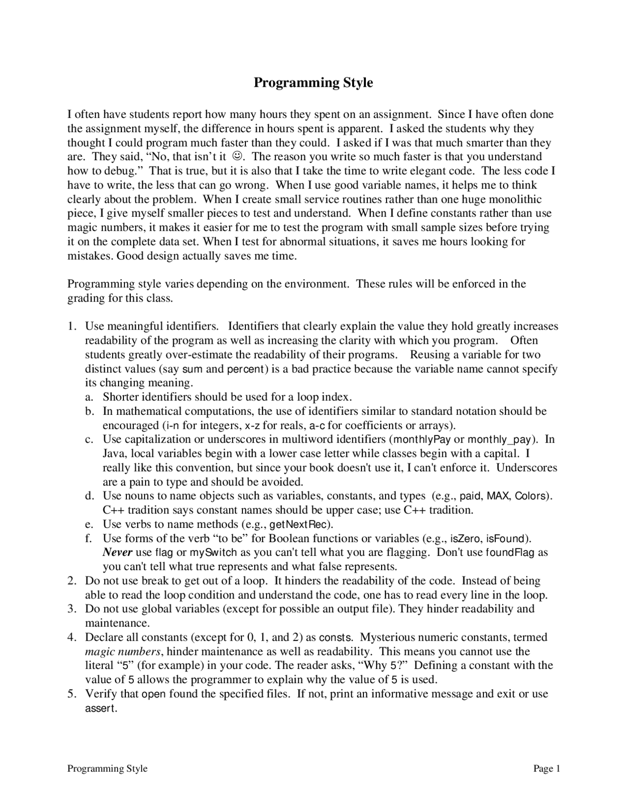 Programming Style for Algorithms and Data Structures | CS 2420 - Docsity