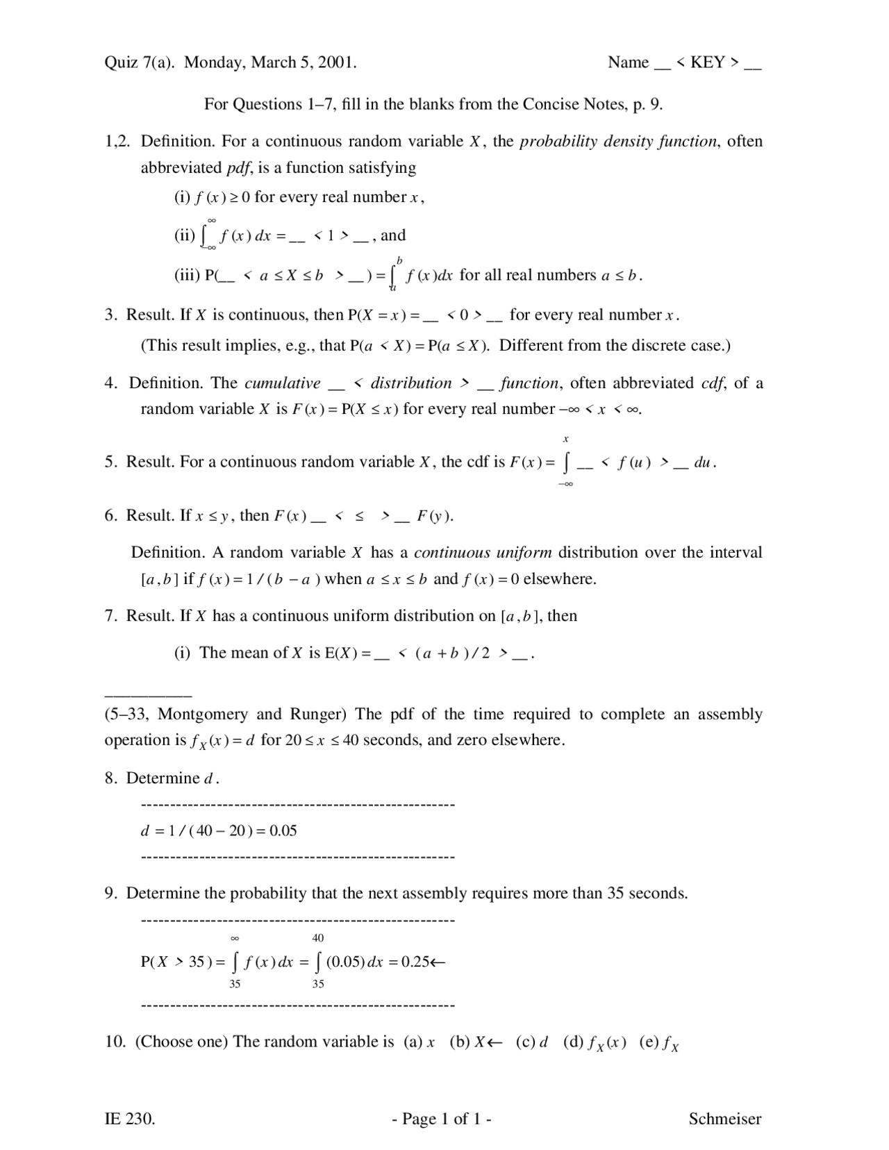 PDF and CDF of a Continuous Random Variable - Prof. Bruce W. Schmeiser | Quizzes Probability and ...