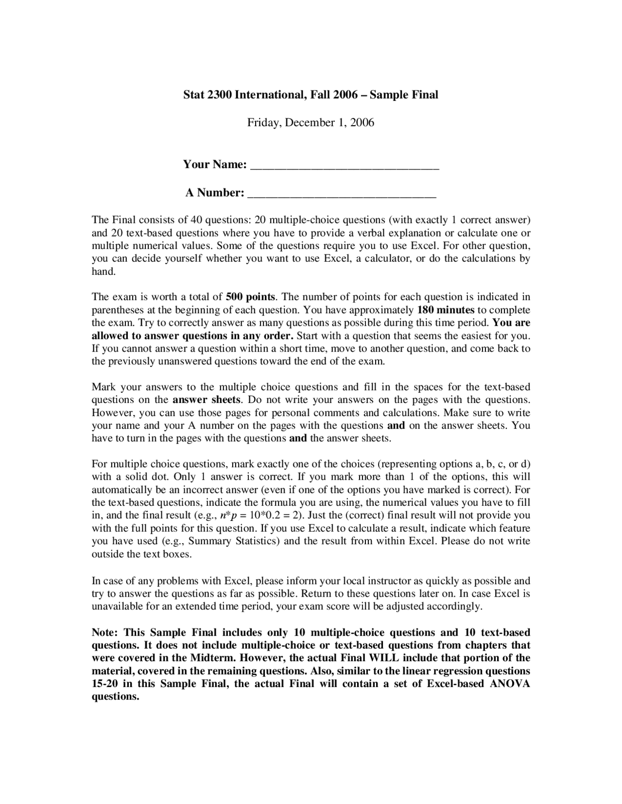 Practice Sample Final Exam Business Statistics Stat 2300 Docsity