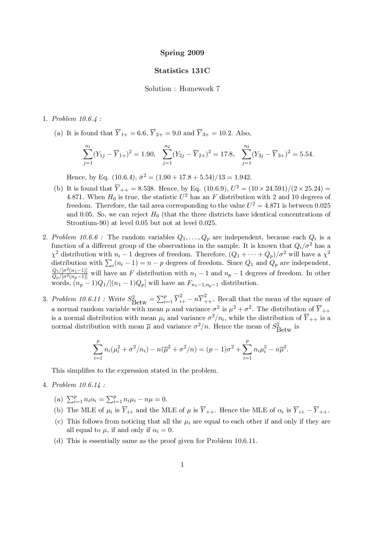 Solution Key for Homework 7 - Mathematical Statistics - 2009 | STA 131C | Assignments ...