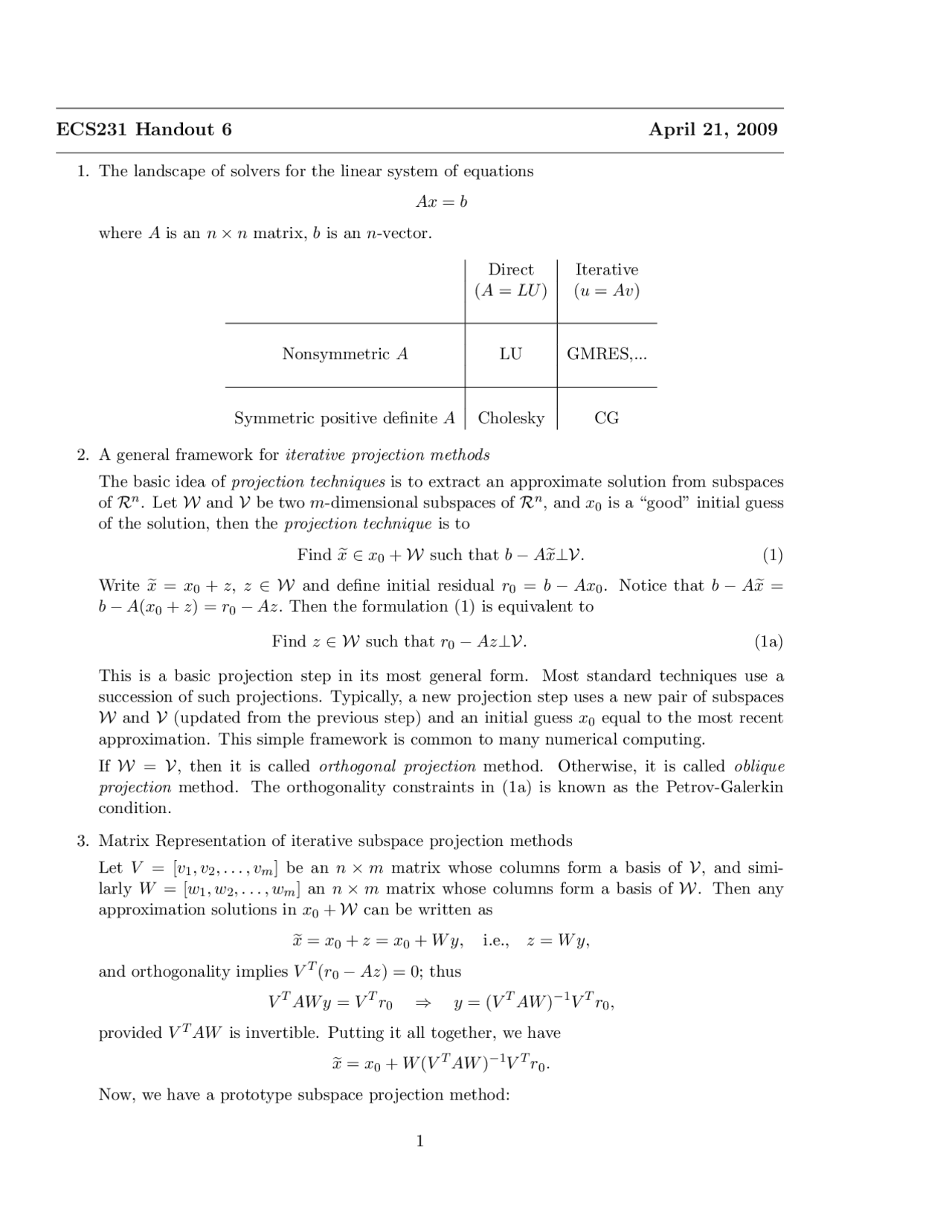 Scientific Computation Handout 6 Ecs 231 Docsity