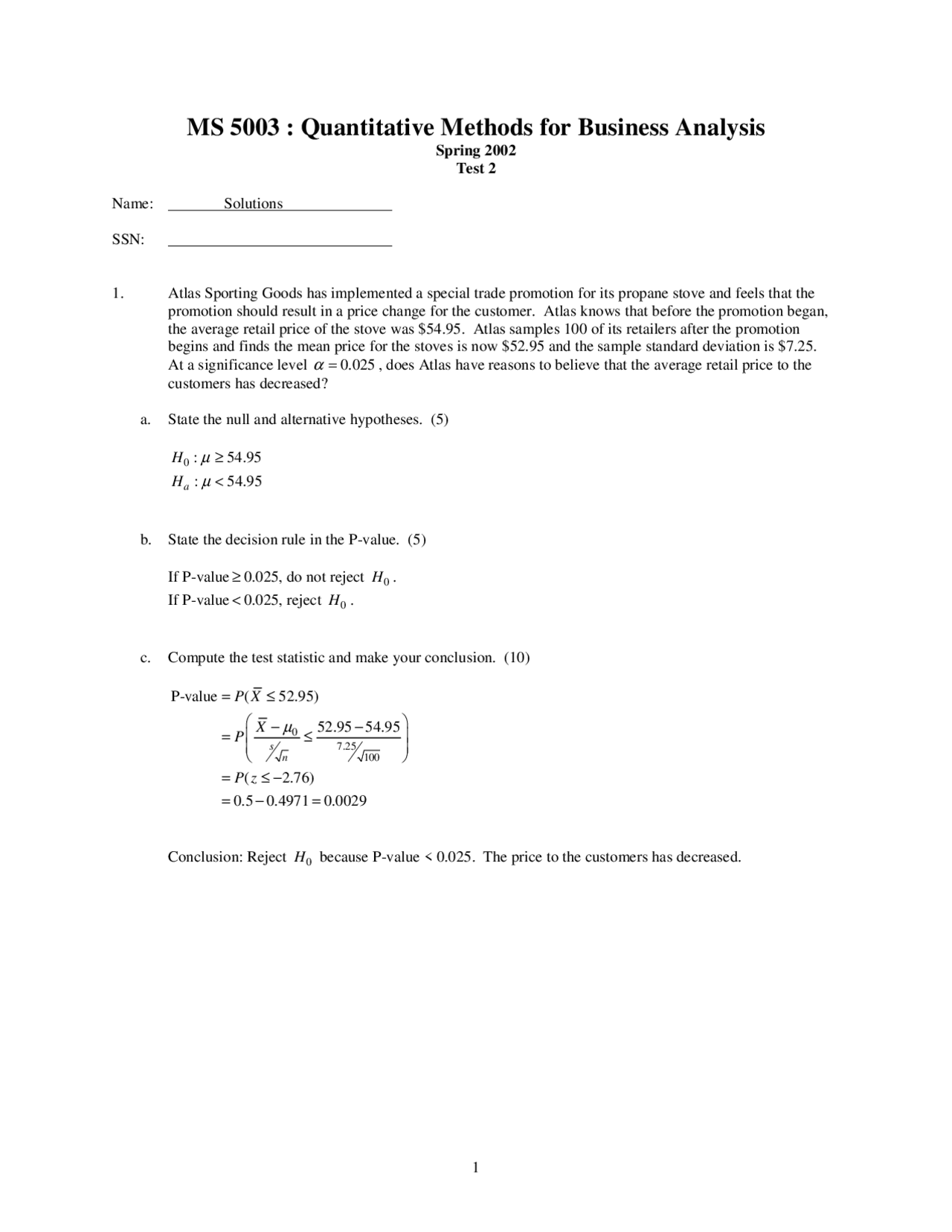 Exam 2 Solution Quantitative Methods And Business Analysis Ms 5003