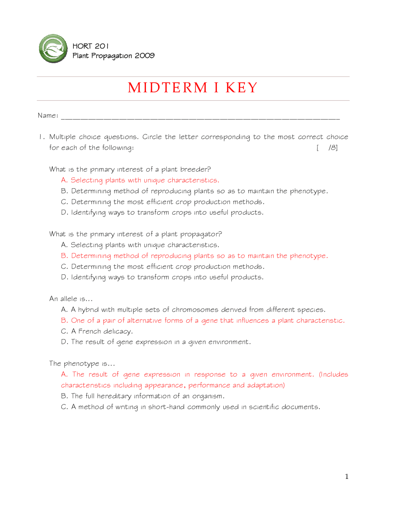 Midterm Exam 1 With Solutions Plant Propagation Hort 20100 Docsity