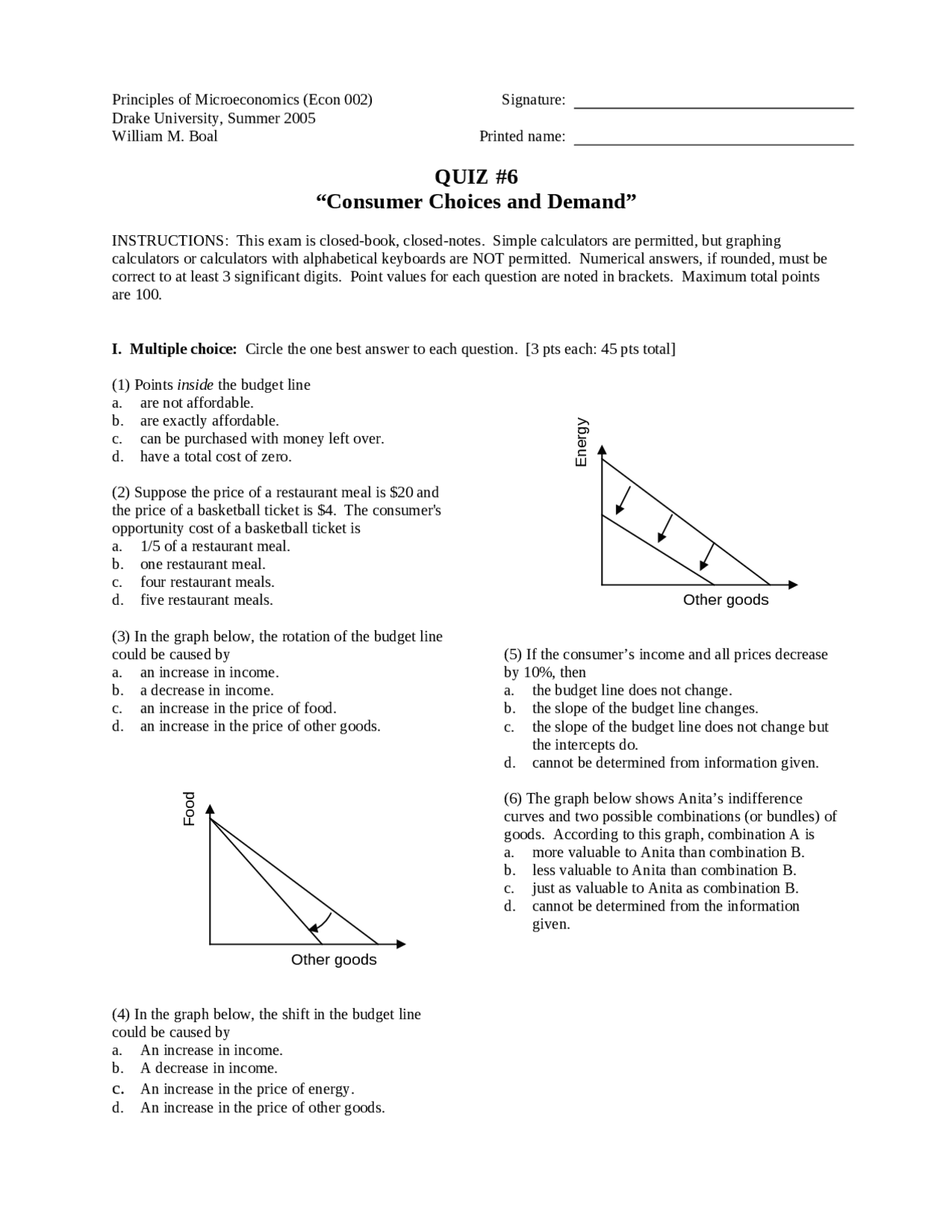 Consumer Choices And Demand Quiz 6 Econ 002 Docsity