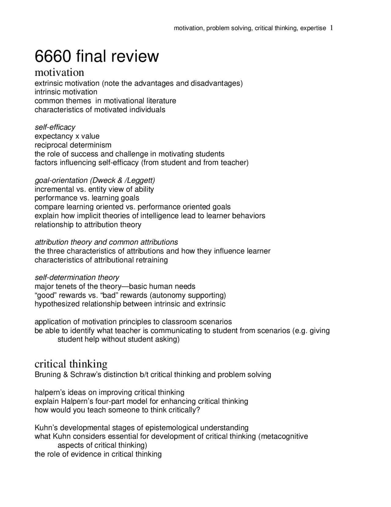 Final Exam Review Motivation Problem Solving Critical Thinking