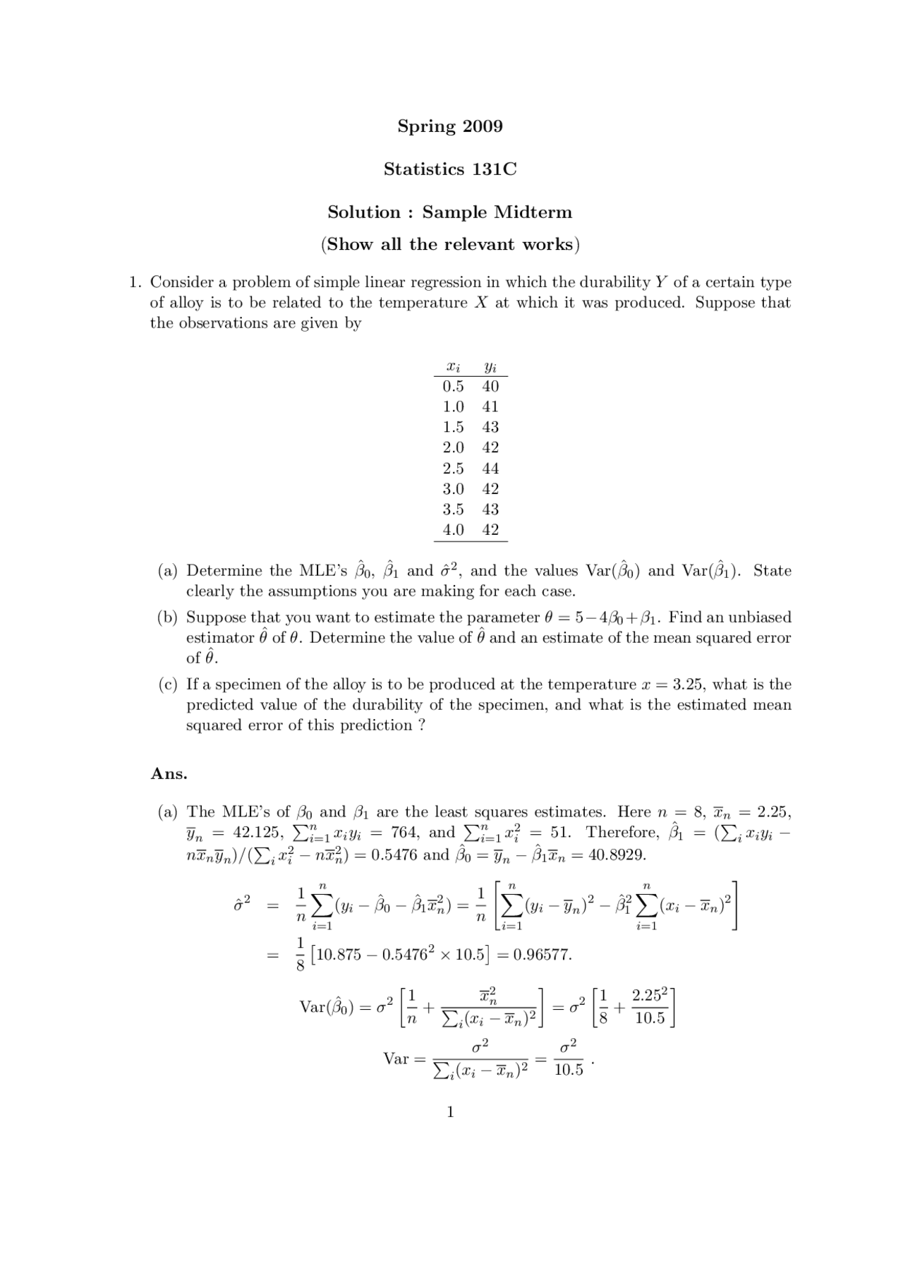 Mathematical Statistics I Sample Midterm Solutions Sta 131c Docsity