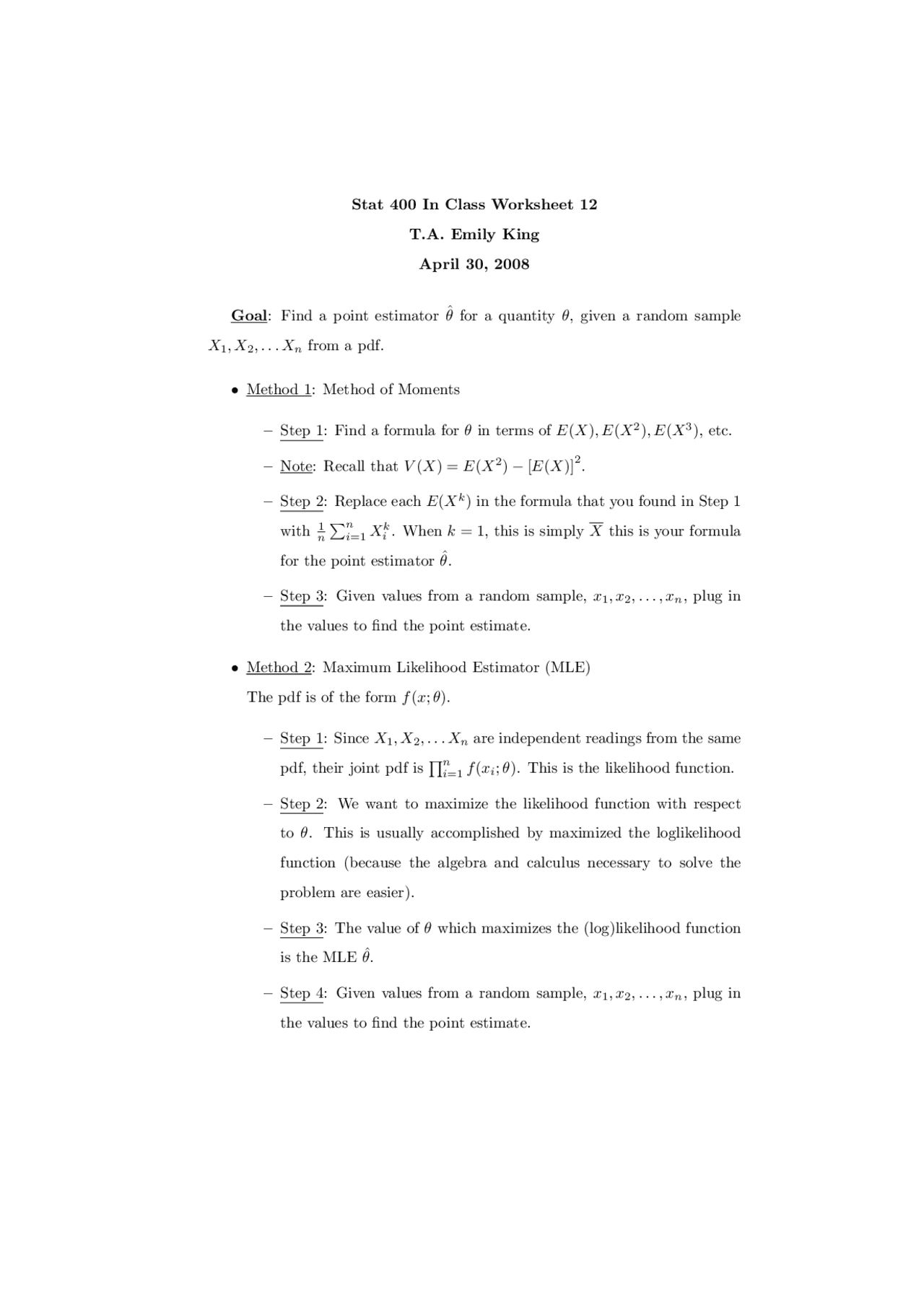 Methods Moments Maximum Likelihood Stat 400 Docsity