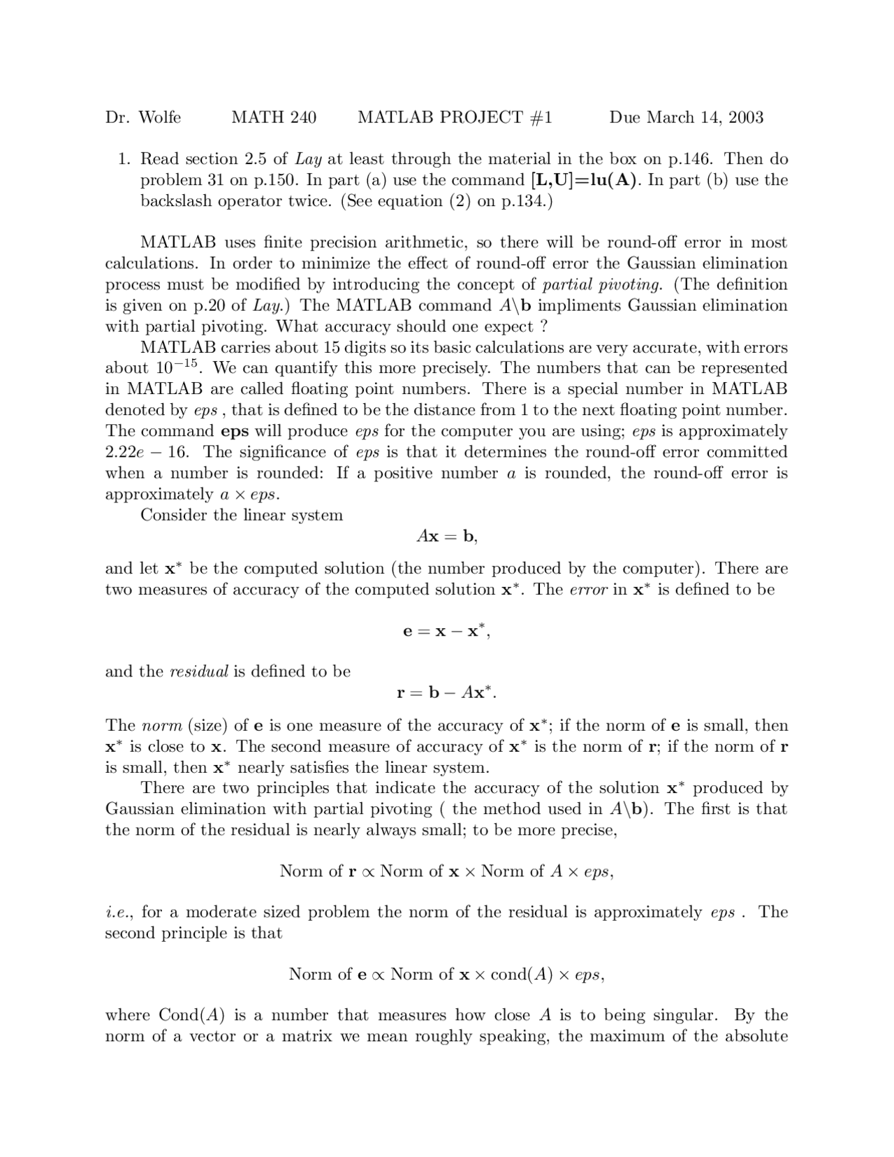 MATLAB Project 1 - Introduction to Linear Algebra | MATH 240 - Docsity