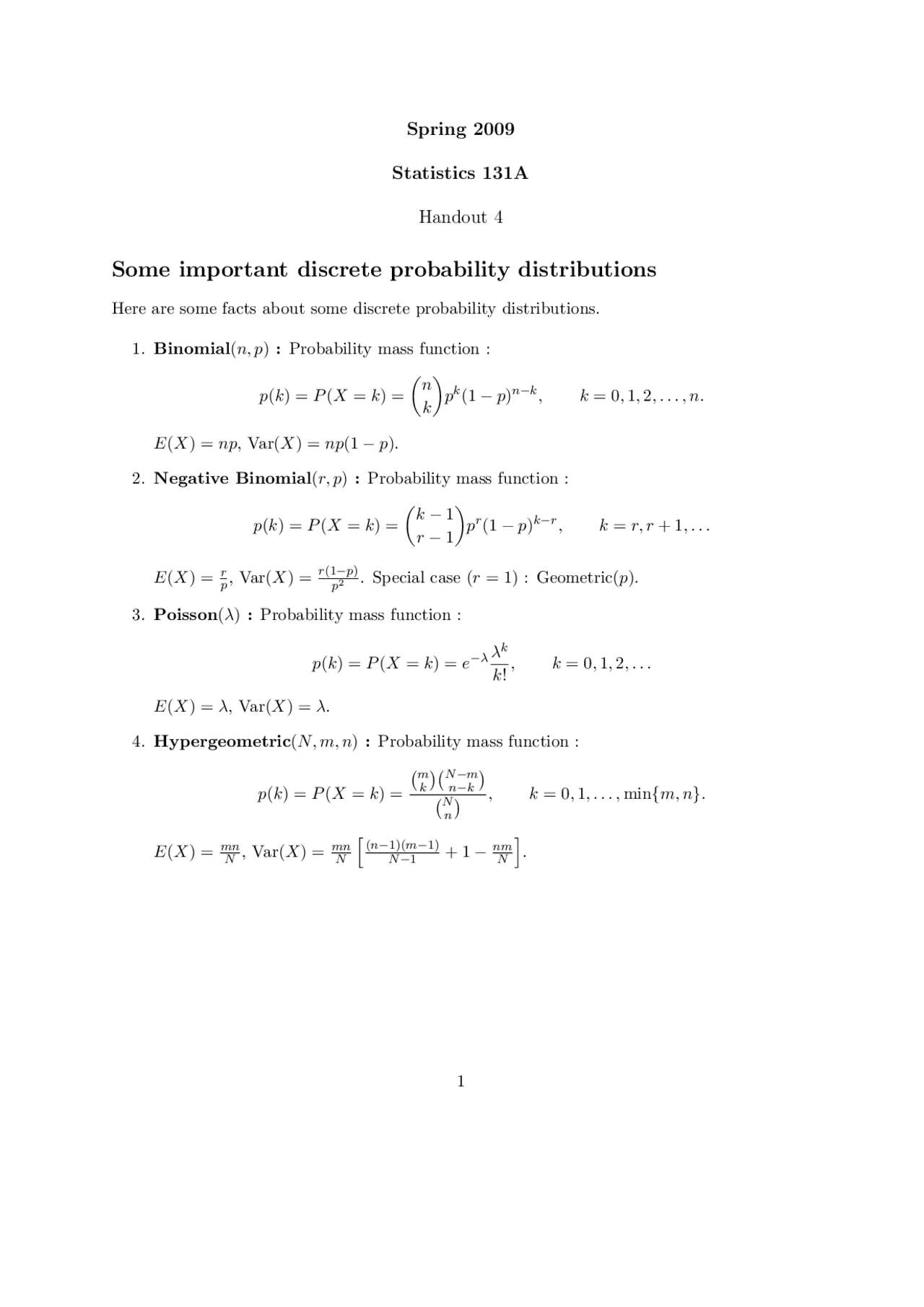 Binomial, Poisson and Hypergeometric - Probability Theory | STA 131A - Docsity