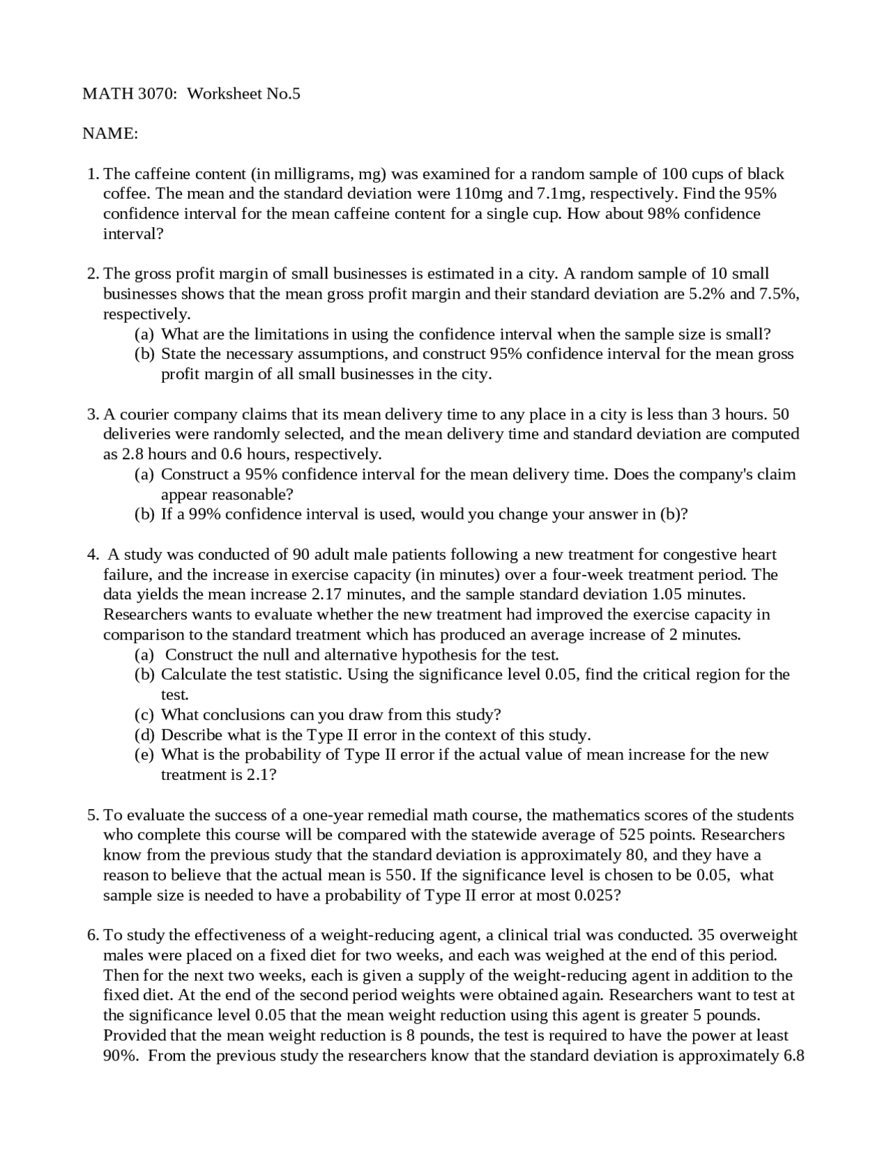 Worksheet 5 For Statistical Methods I Math 3070 Exams Data Analysis And Statistical Methods