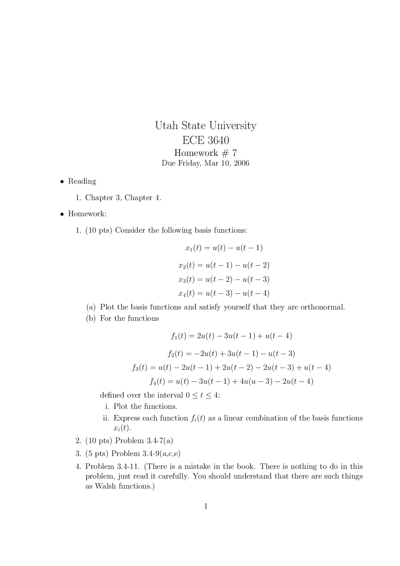 9 Problems on the Linear Combination of Basic Functions - Assignment 7 | ECE 3640 - Docsity