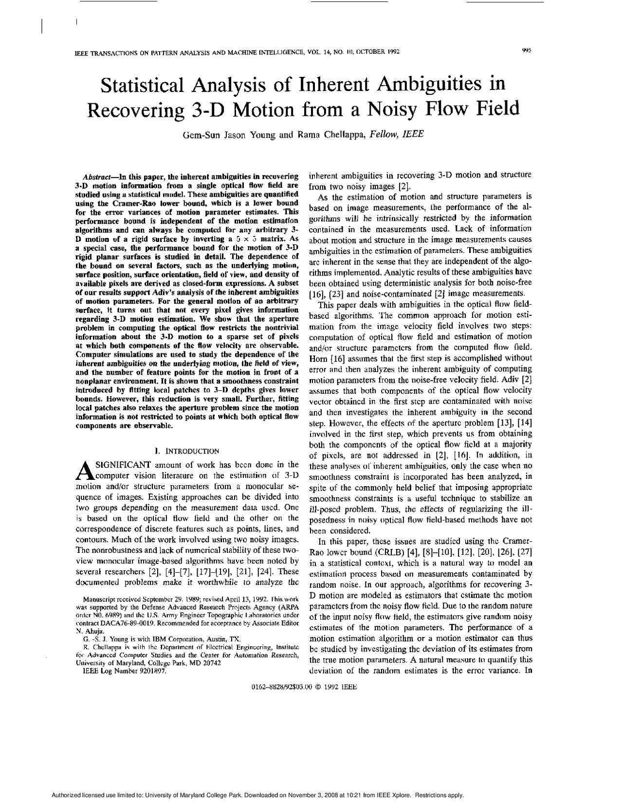 Statistical Analysis of Inherent Ambiguities in Recovering 3-D Motion From a Noisy Flow Field ...