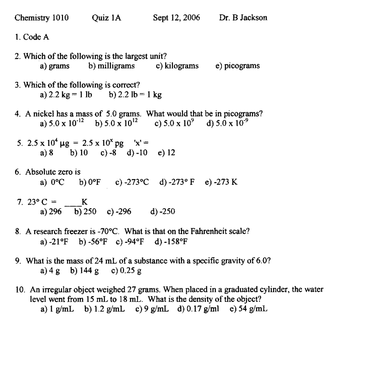 Quiz 1 With Multiple Choice General Chemistry Chem 1010 Docsity