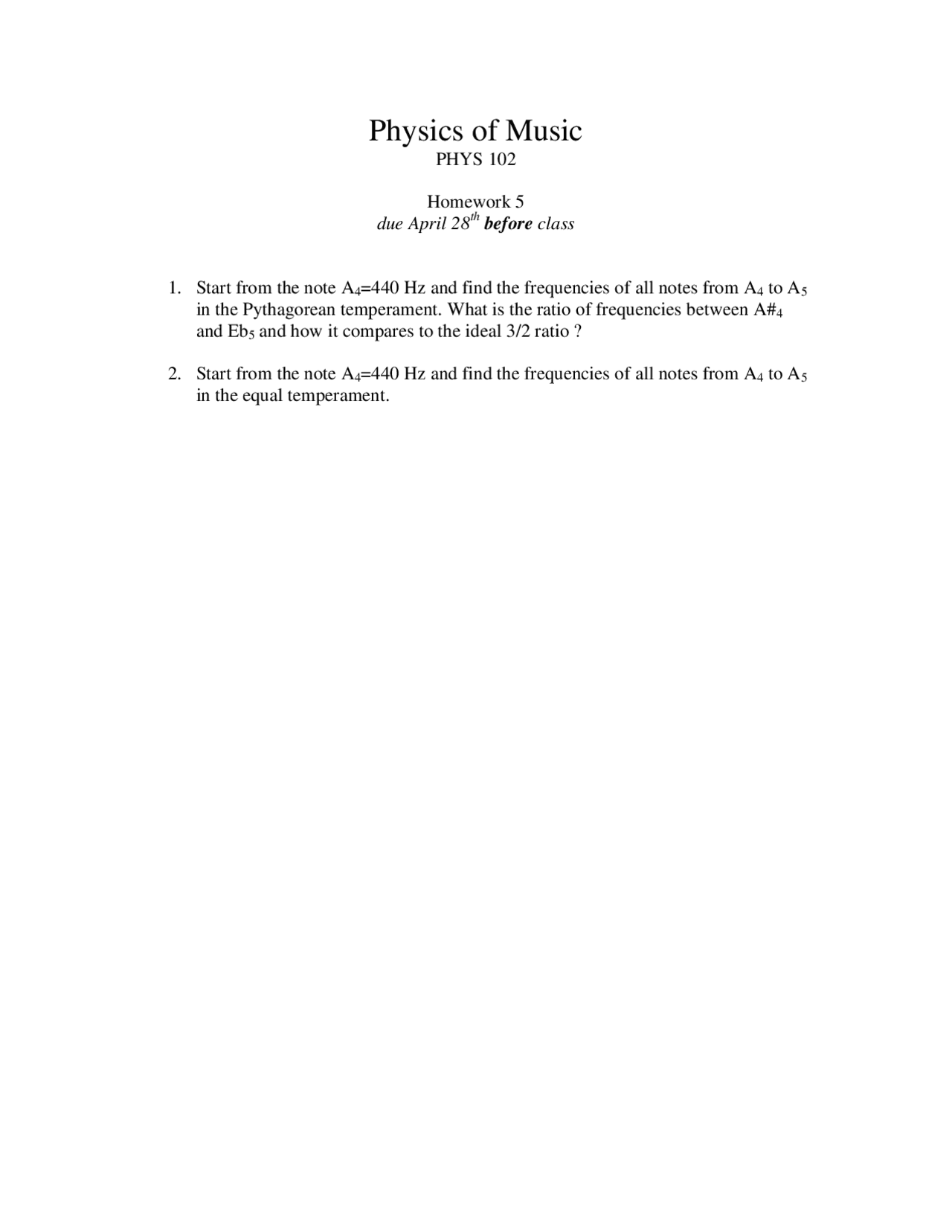 Questions on Physics of Music - Assignment 5 | PHYS 102 - Docsity