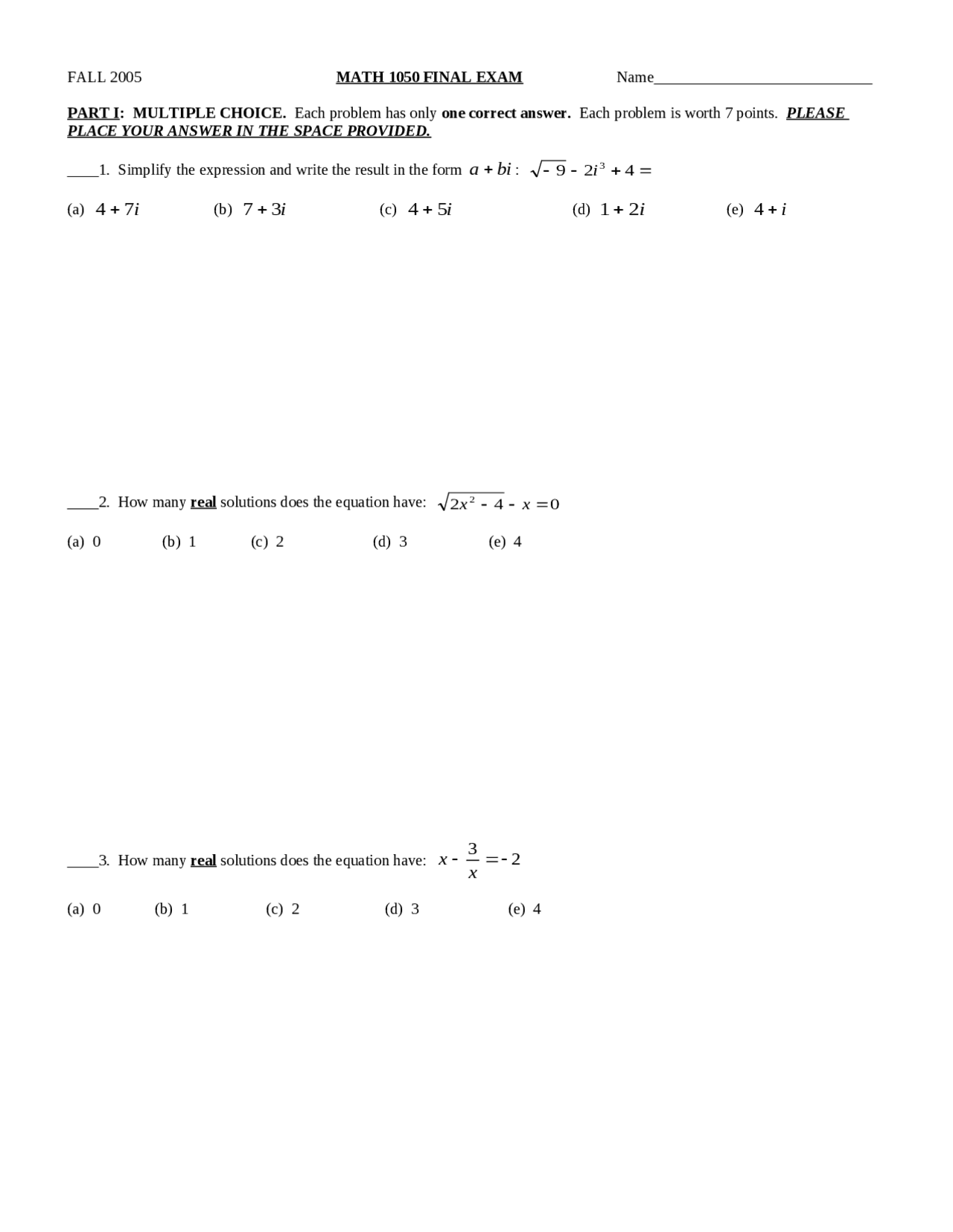 25 Questions with Answer Key on Algebra - Final Exam | MATH 1050 - Docsity