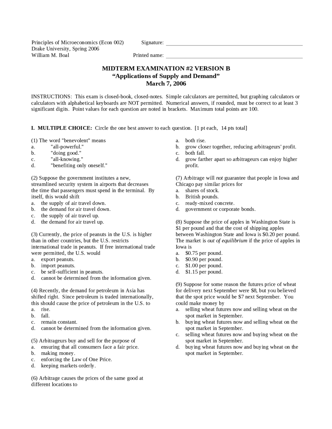 Questions on Principles of Microeconomics - Midterm Exam 2 | ECON 002 ...