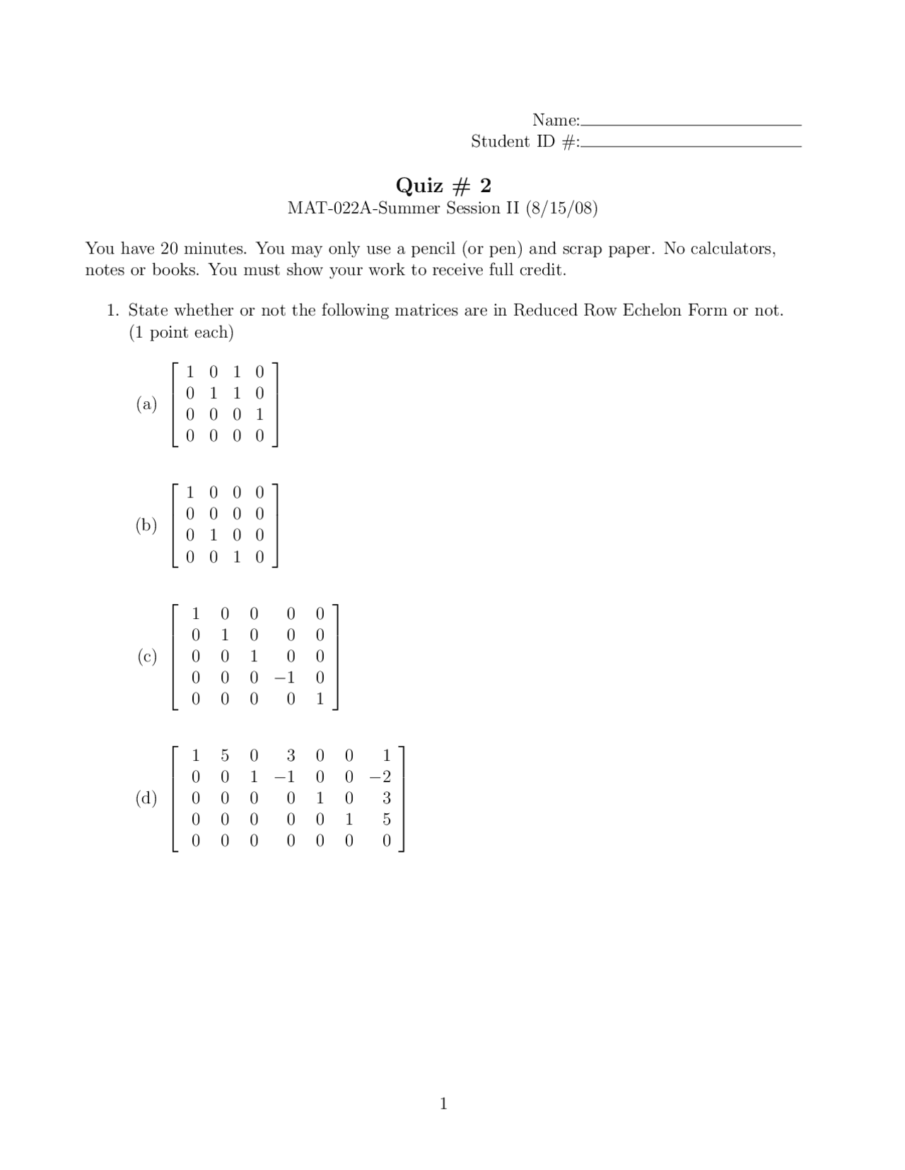 4 Questions Of Linear Algebra Quiz 2 Mat 022a Docsity