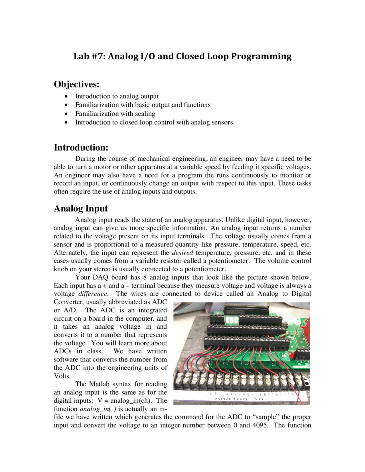 Analog I and O, Closed Loop Programming - Lab 7 | MAE T404 - Docsity