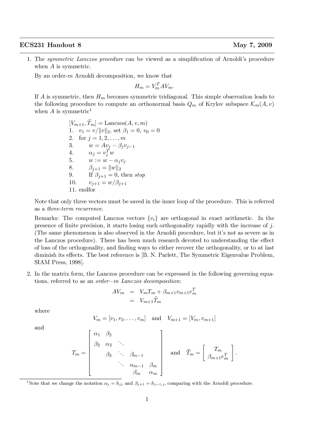 Scientific Computation Handout 8 Ecs 231 Docsity
