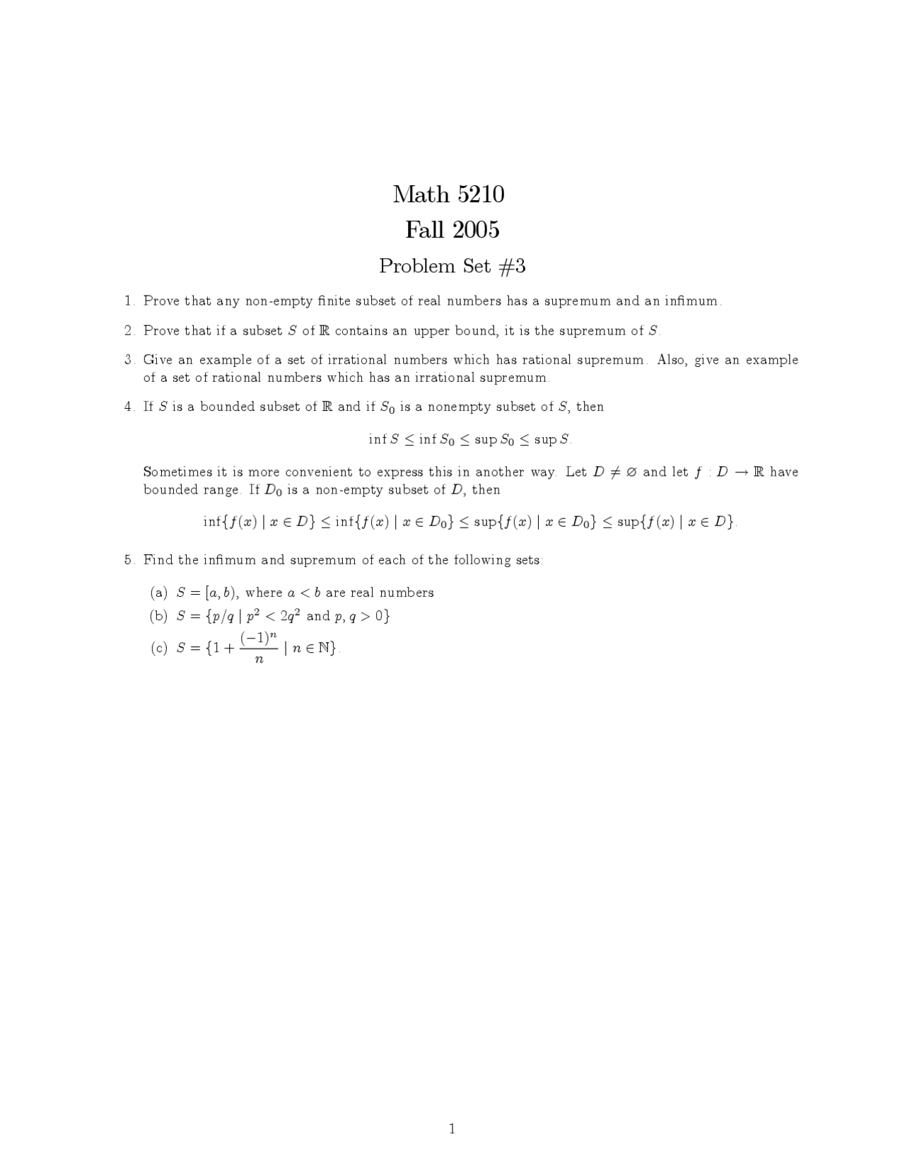 Problem Set 3 Questions Introduction To Analysis I Math 5210 Docsity