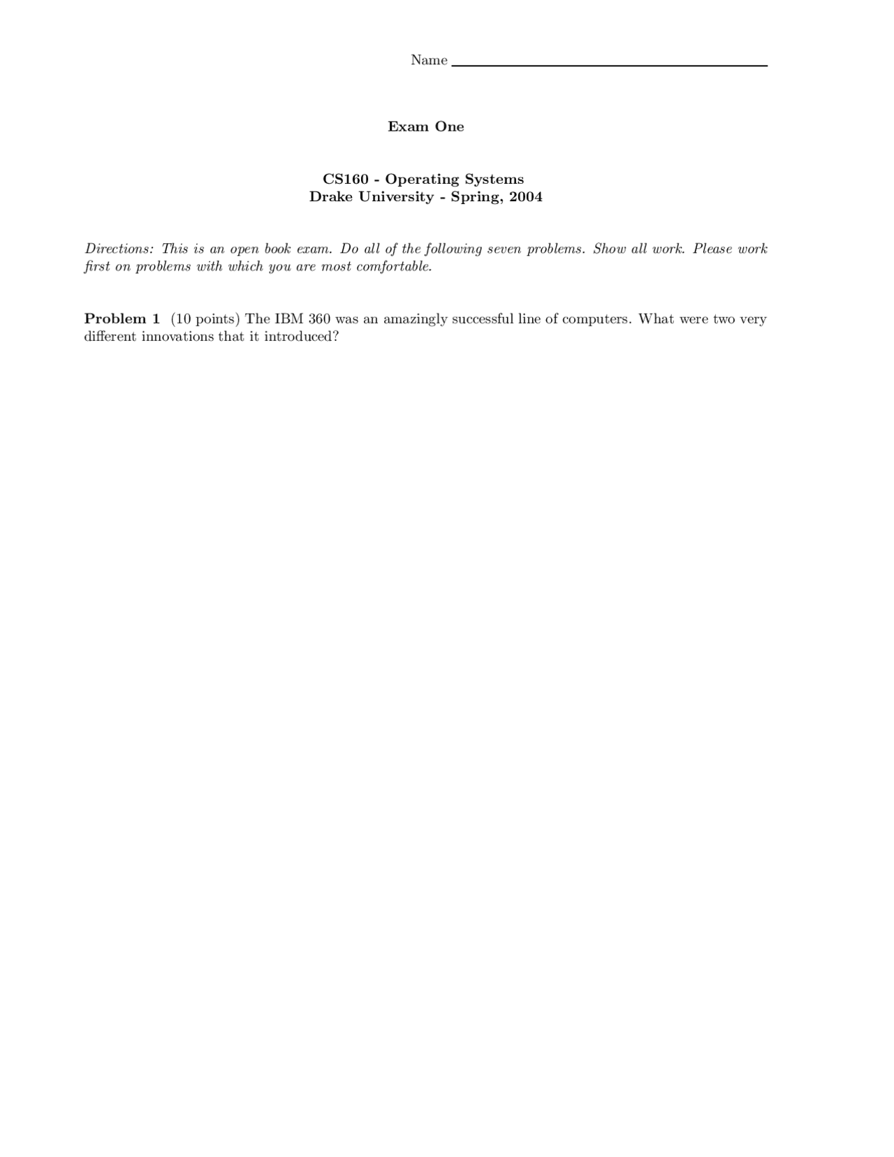 Exam 1 Review Problems Operating Systems Cs 160 Docsity