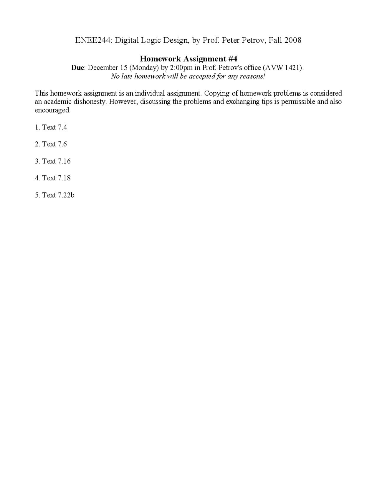 5 Problems On The Digital Logic Design Assignment 4 Enee 244 Docsity