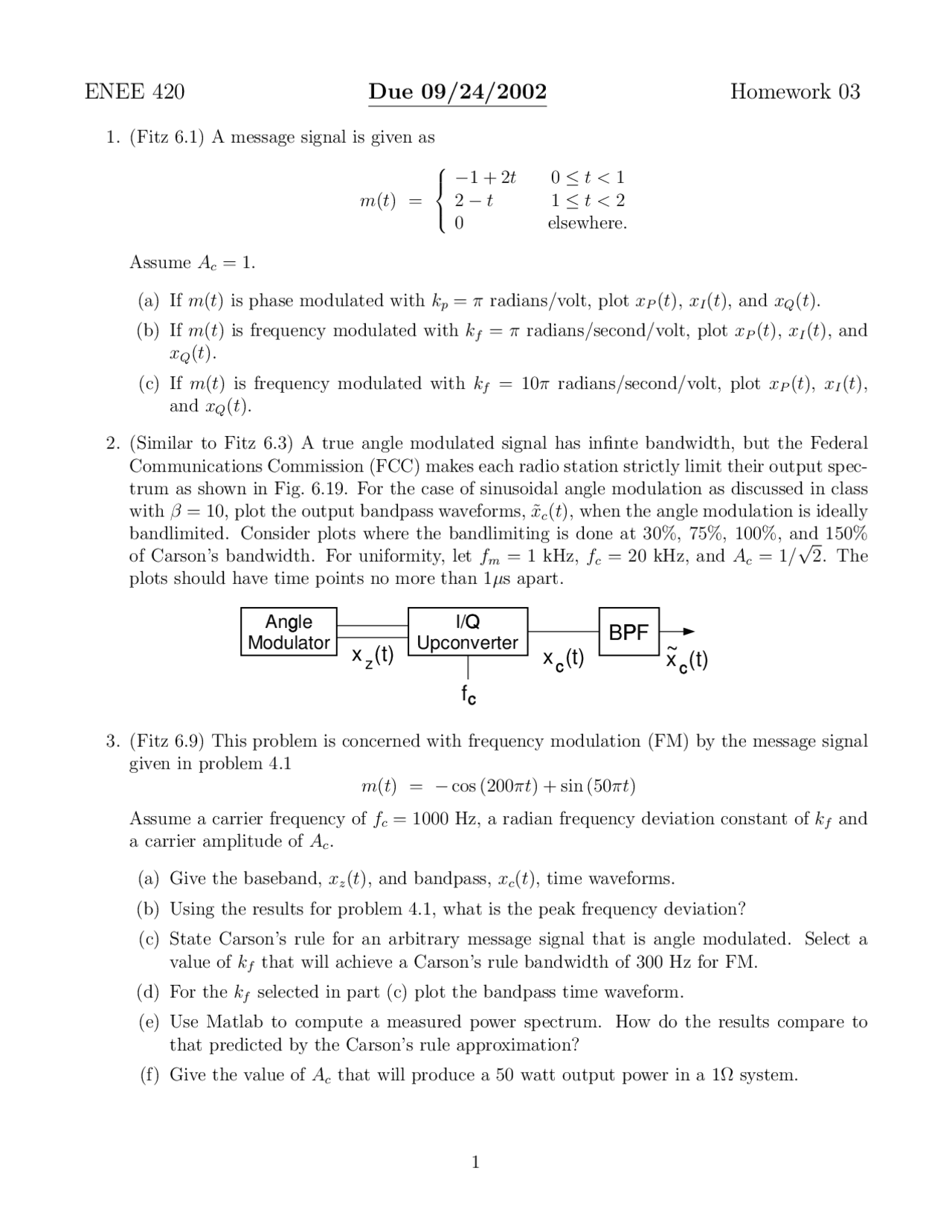 Introduction To Communication Systems Homework 3 Enee 420 Docsity