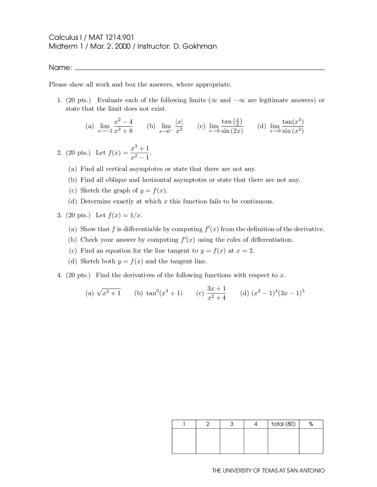 4 Questions on Calculus I - Midterm Exam | MAT 1214 - Docsity