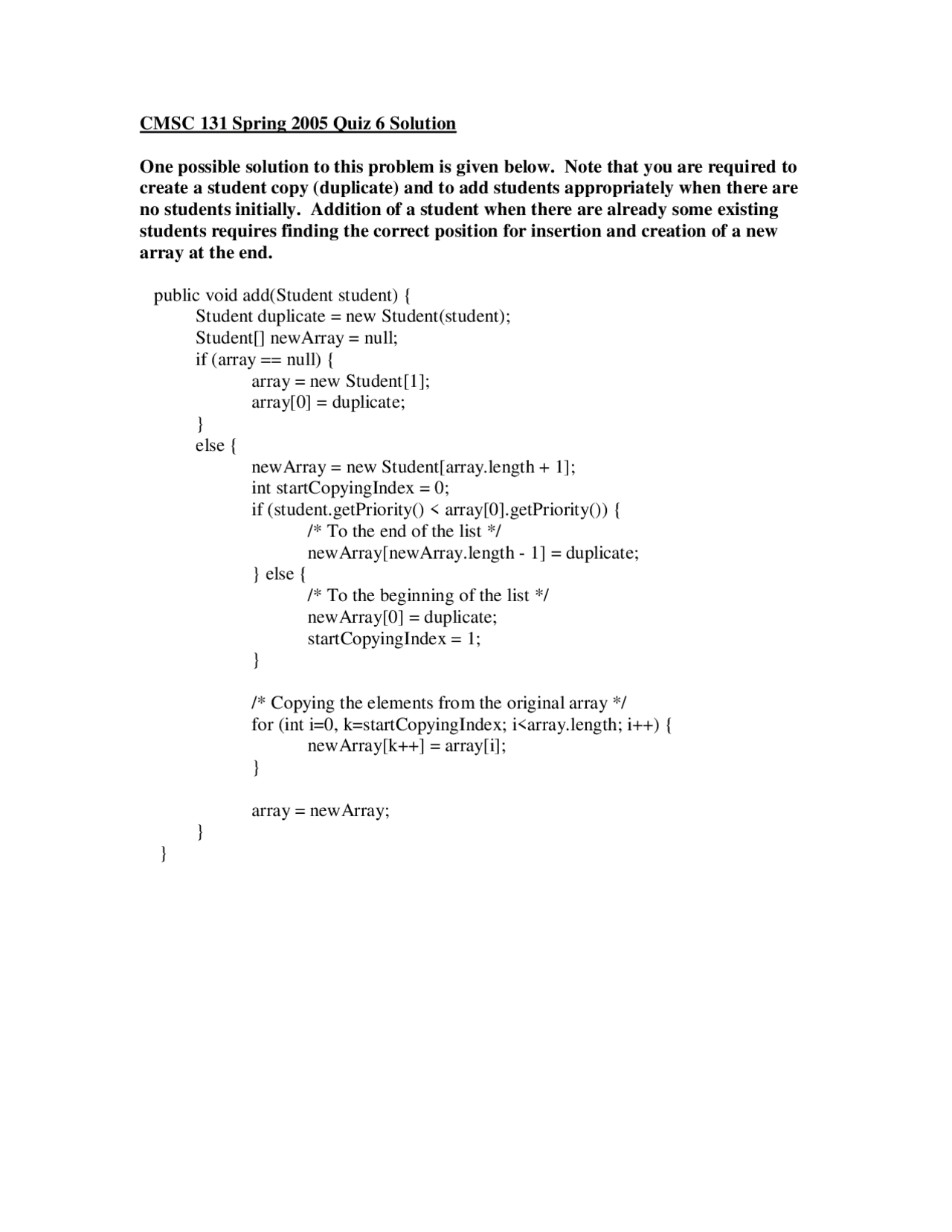 Problem On Object Oriented Programming I With Solution Quiz 6 Cmsc 1618