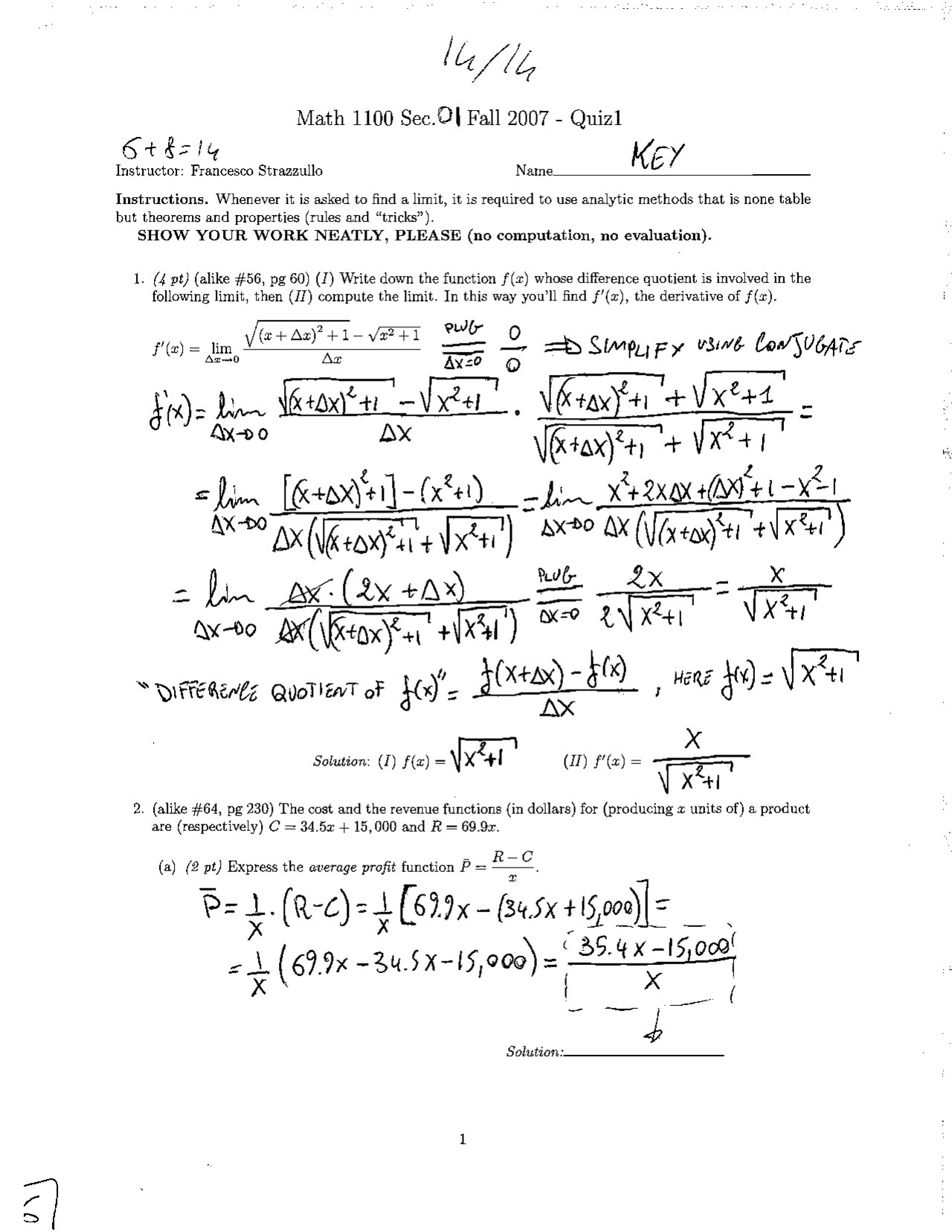 Quiz 1 With Answer Key Calculus Techniques Math 1100 Quizzes