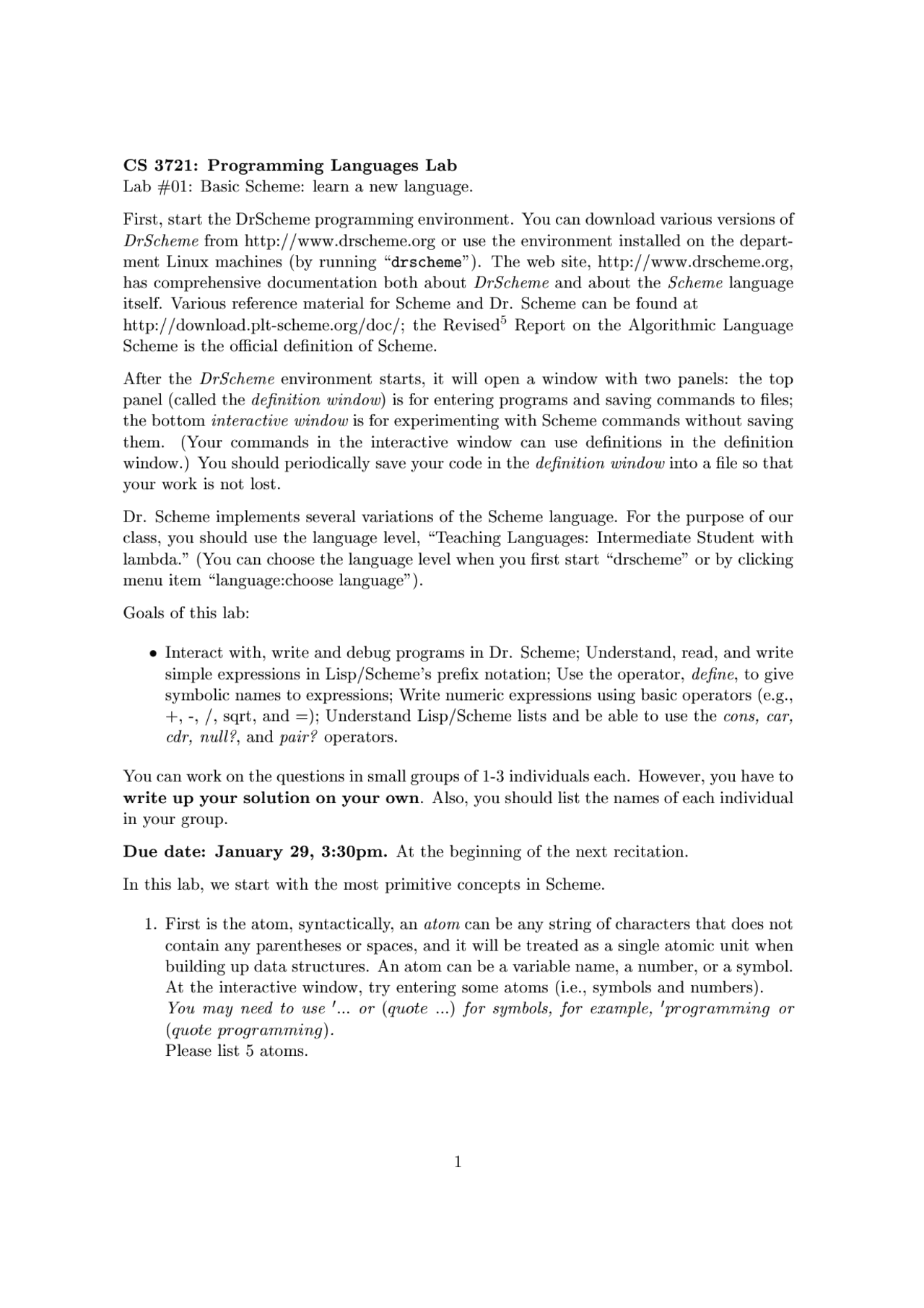 Lab 1: Basic Scheme: Learn a New Language | CS 3723 - Docsity