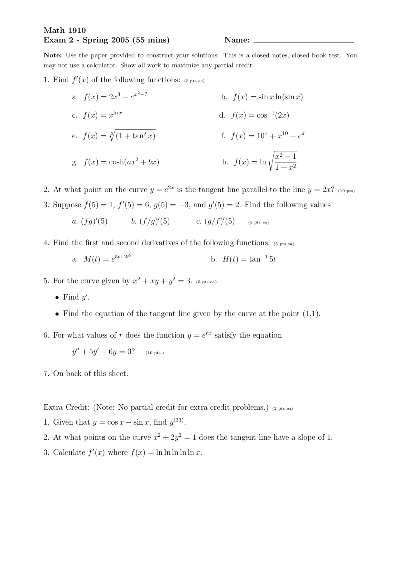 7 Questions Exam 2 Calculus I Math 1910 Docsity