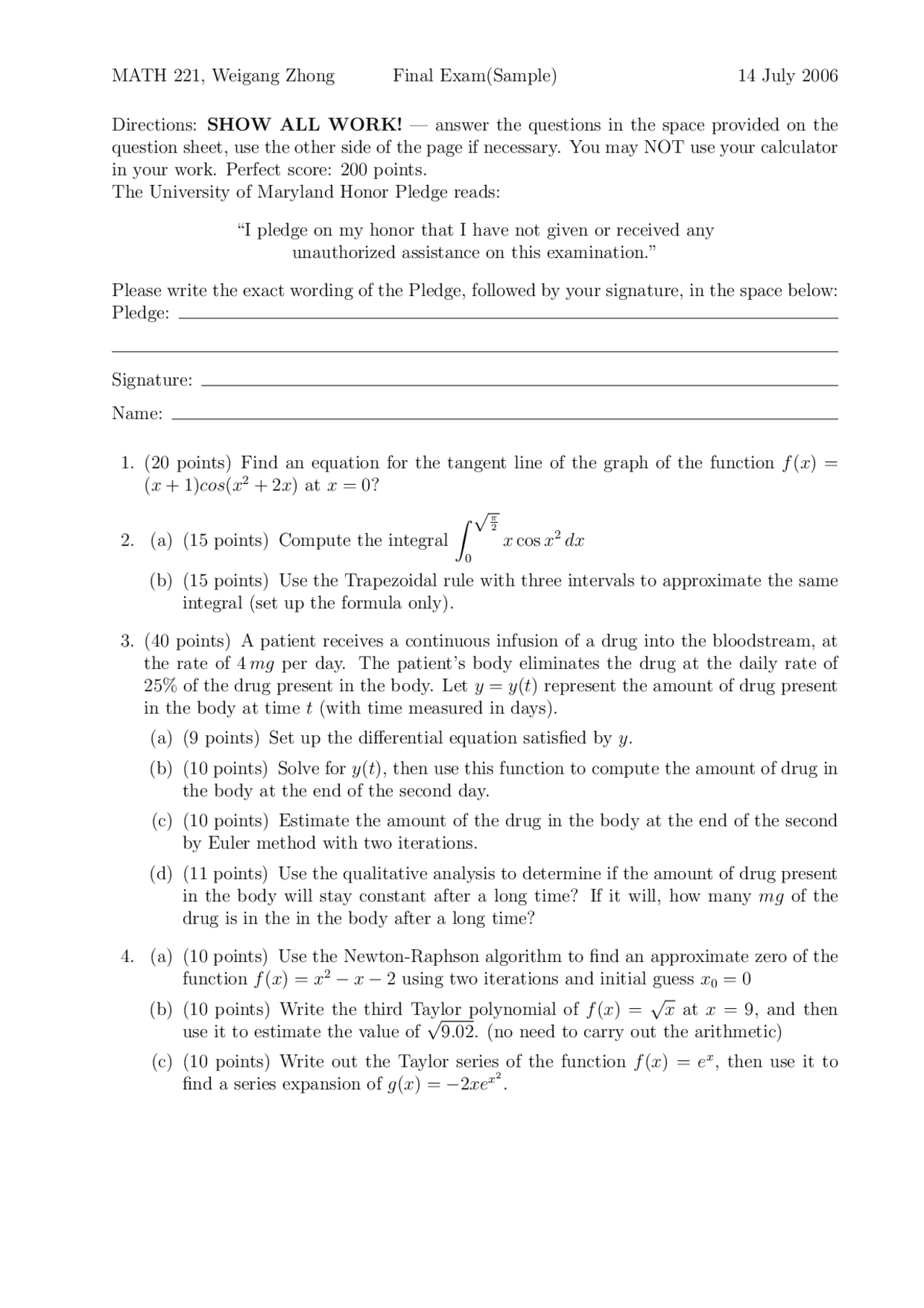 7 Problems on Probability Density Functions - Final Exam | MATH 221 | Examens Calcul | Docsity