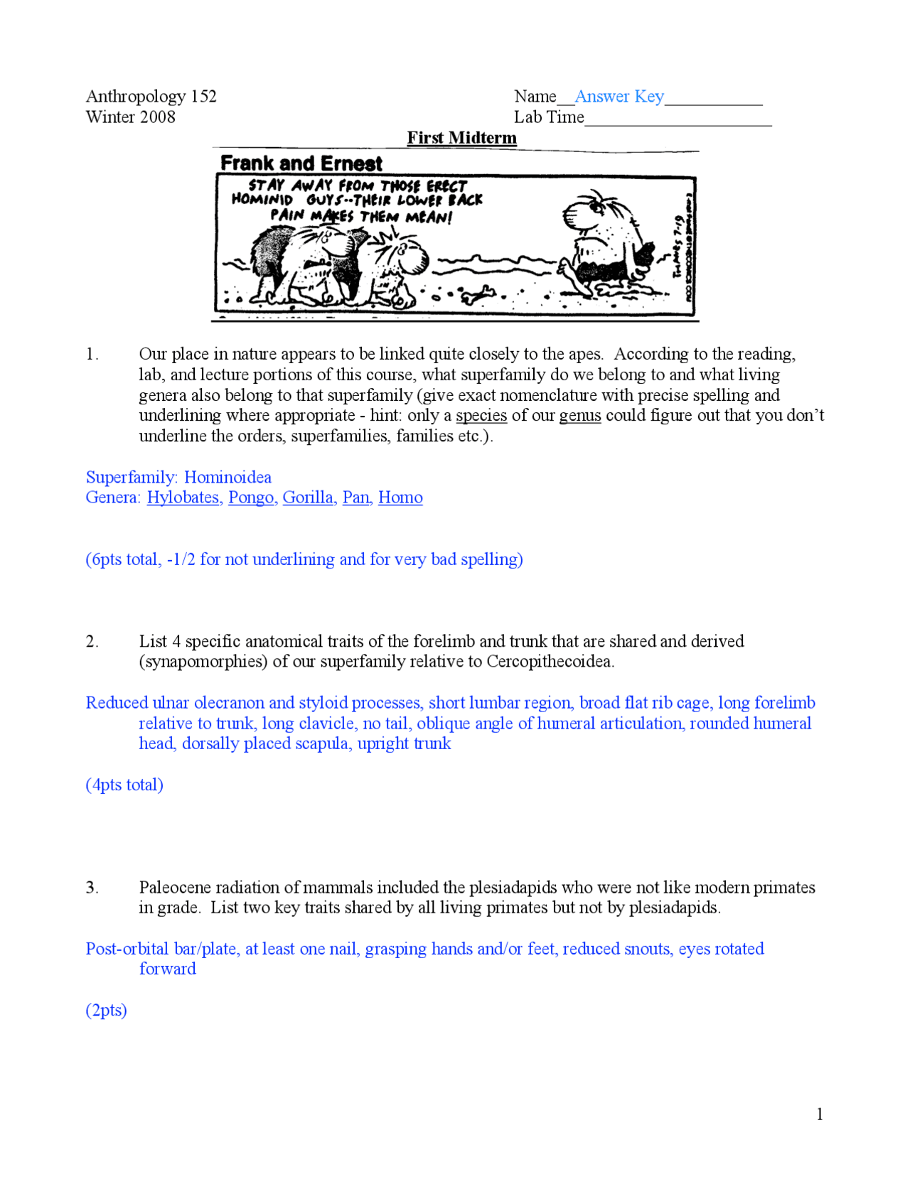 Human Evolution - Answer Key for Midterm 1 | ANT 152 - Docsity