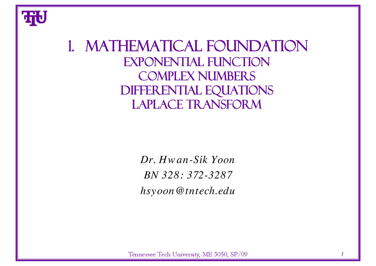 Exponential Functions, Complex Numbers and Laplace Transform | ME 3050 - Docsity