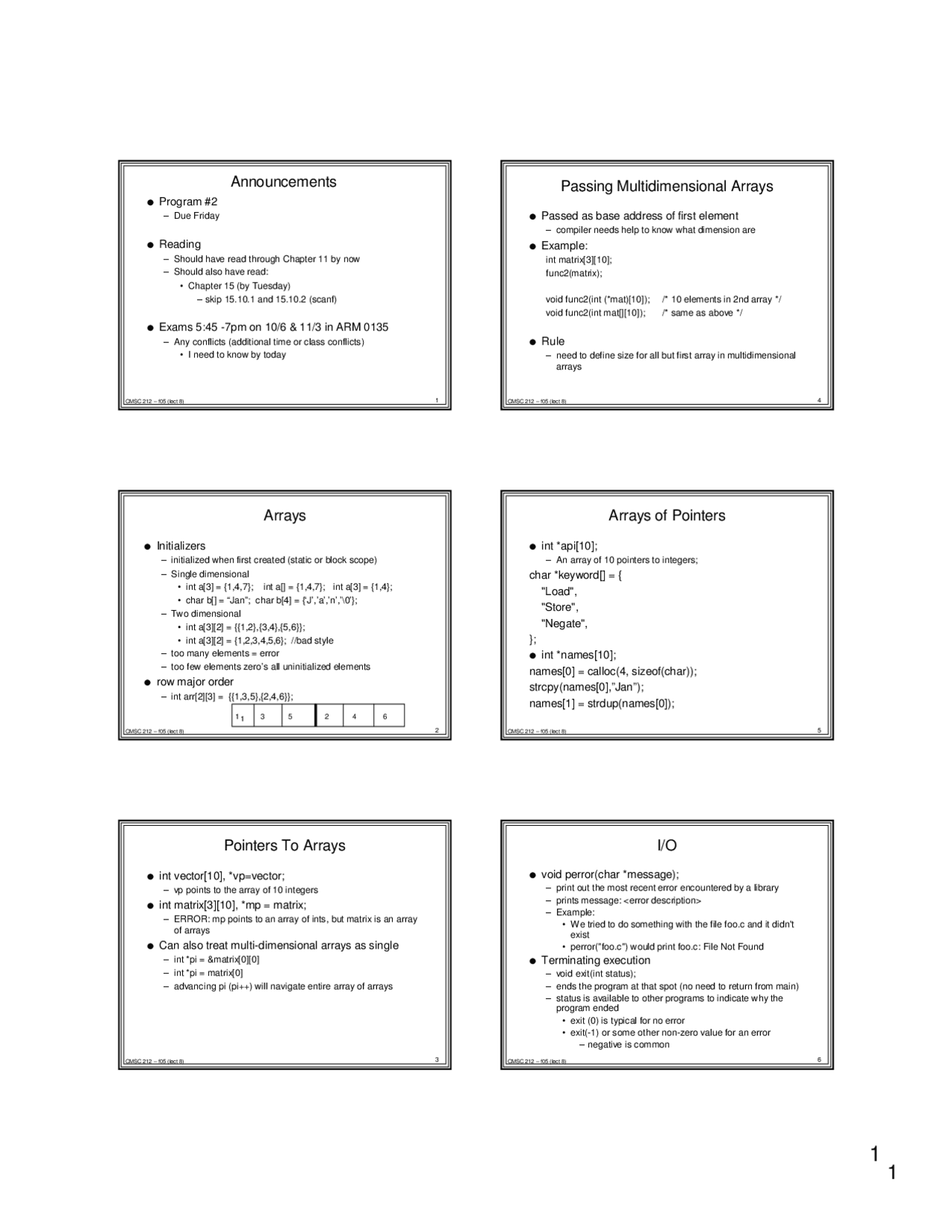 Multidimensional Arrays Arrays Of Pointers Lecture Slides Cmsc 212 Docsity